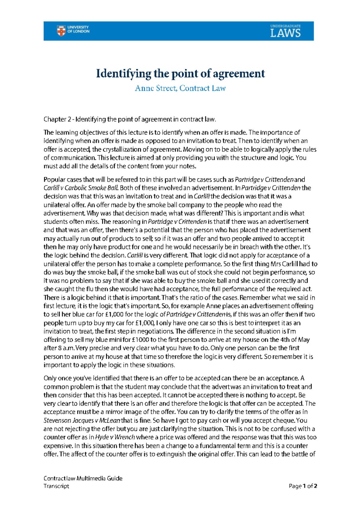 Contract - Identifying point of agreement - Transcript Chapter 2 ...