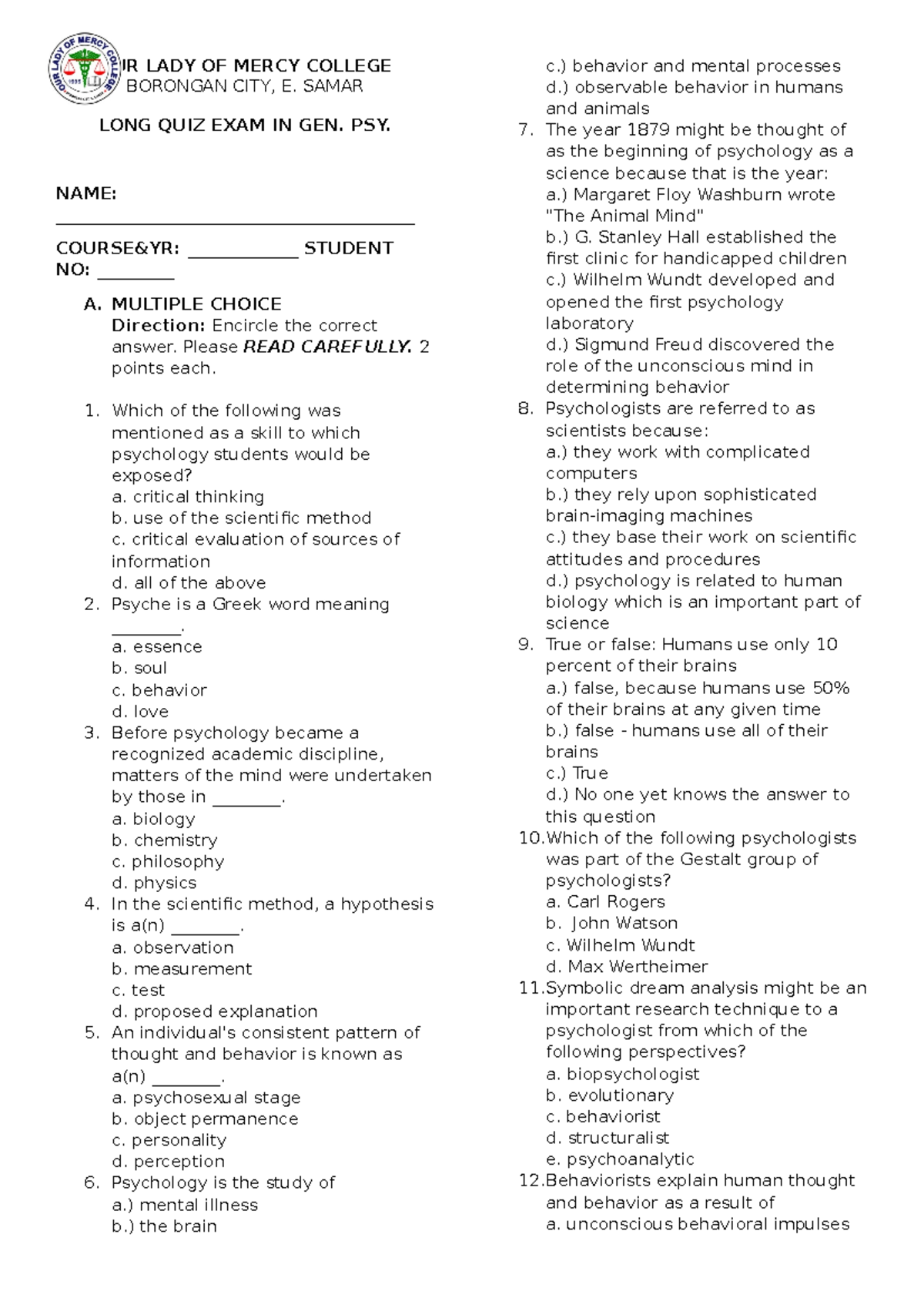 GEN. PSY LONG QUIZ - EXERCISE - OUR LADY OF MERCY COLLEGE BORONGAN CITY ...
