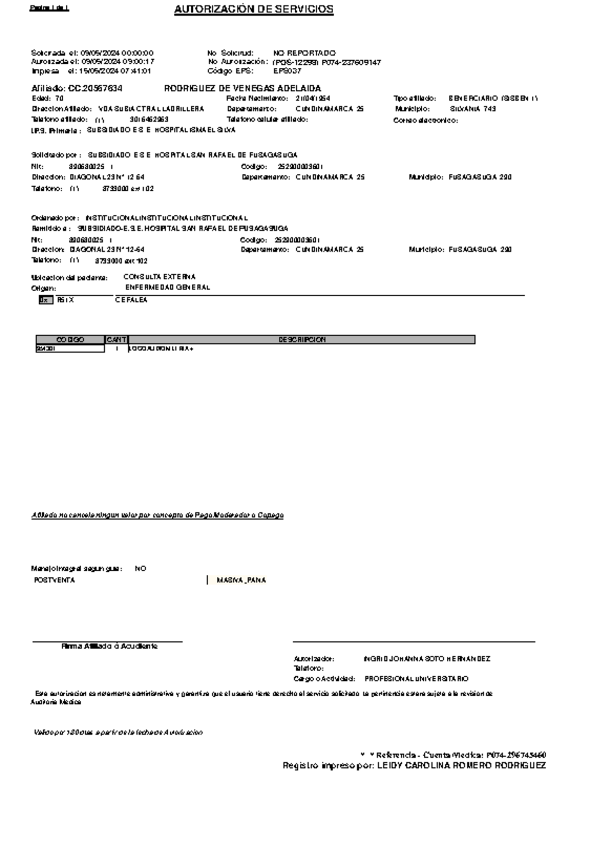 CC 20567634 3 - fundamentos - Solicitado por : Remitido a : Dx: R51X ...