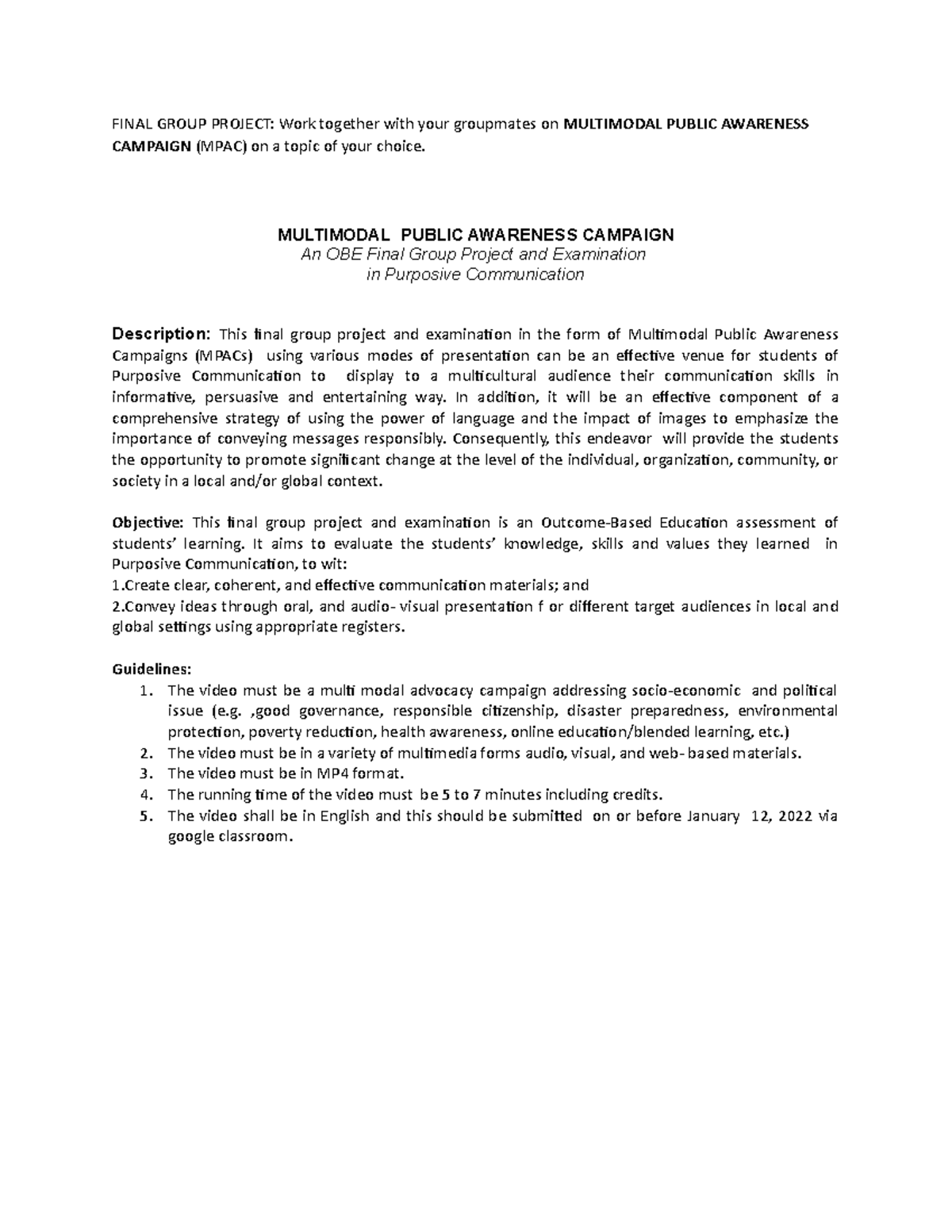 Final Group Project Purposive Communication - FINAL GROUP PROJECT: Work ...