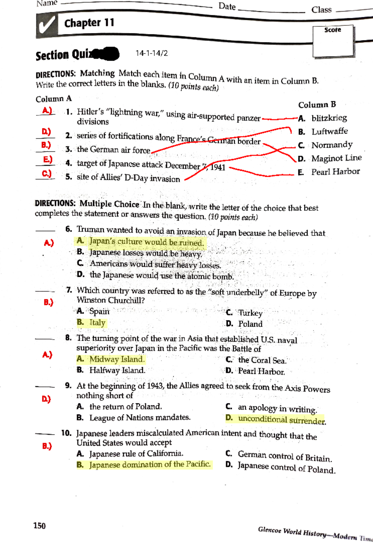 World History Worksheet 14-1 14-2 - Name - Date Class Chapter 11 Score ...