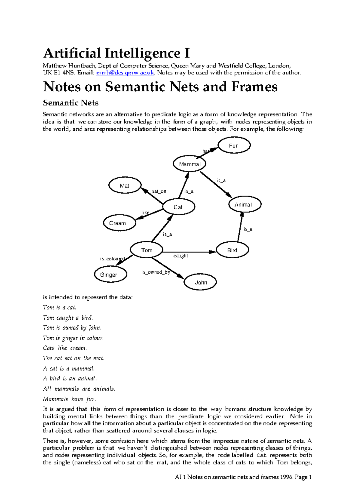 Semantic network notes - Artificial Intelligence I Matthew Huntbach ...