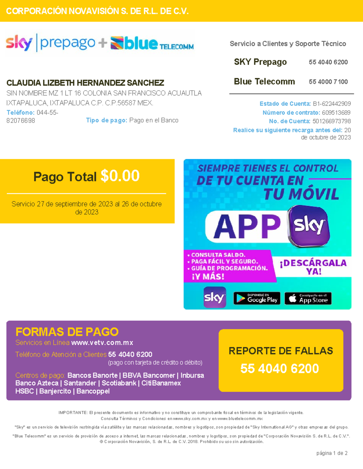 Estado de Cuenta 501266973798 - CORPORACIÓN NOVAVISIÓN S. DE R. DE C ...