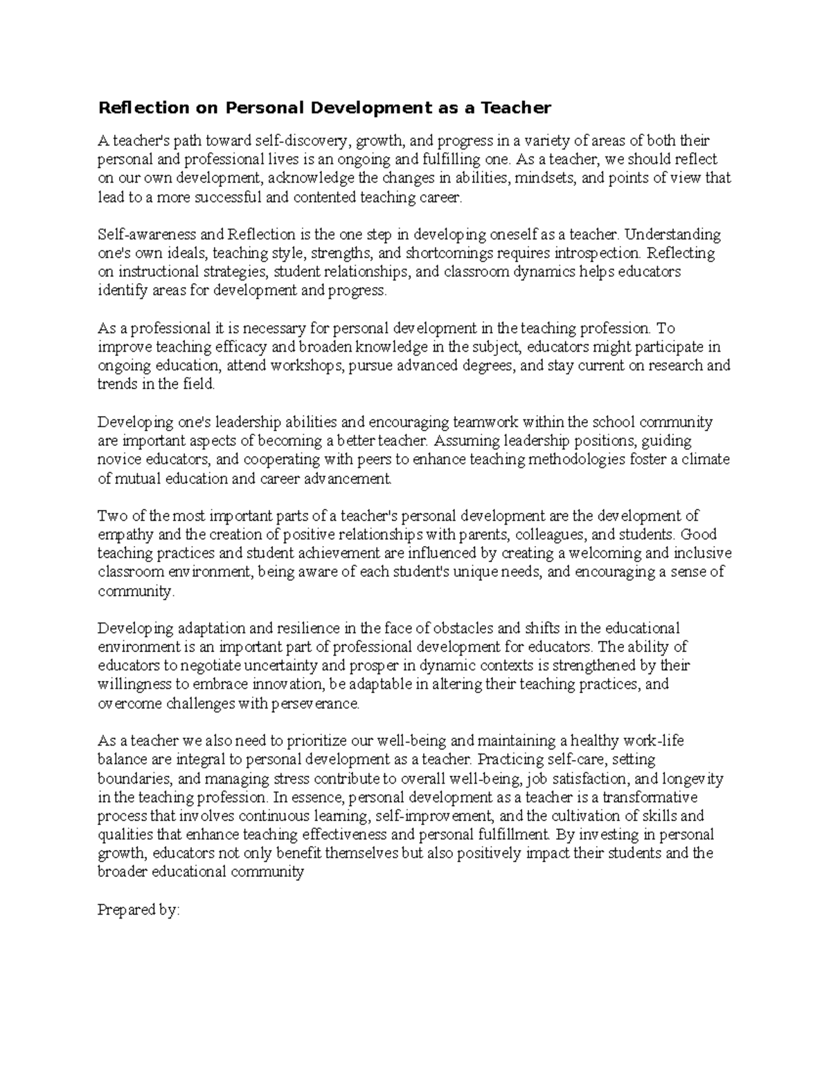 Reflection on Personal Development as a Teacher RHIA Lopez - Reflection ...