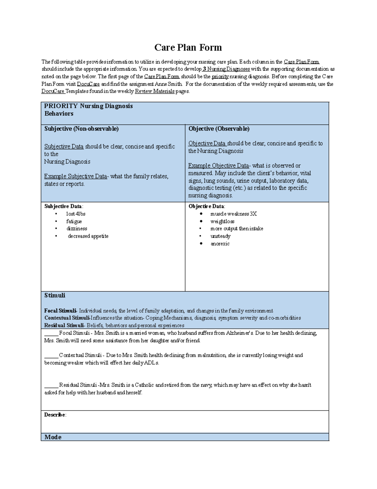 Test out care plan - care plan - Care Plan Form The following table ...