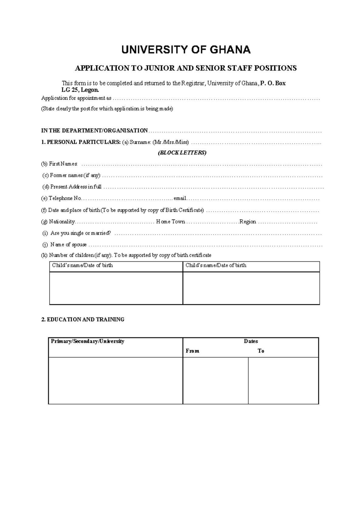 Senior Staff Application FORM - UNIVERSITY OF GHANA APPLICATION TO ...