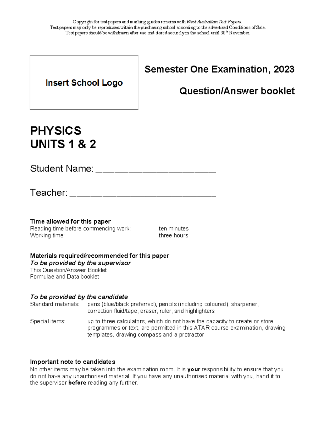 2023 physics units 12 exam - Copyright for test papers and marking ...