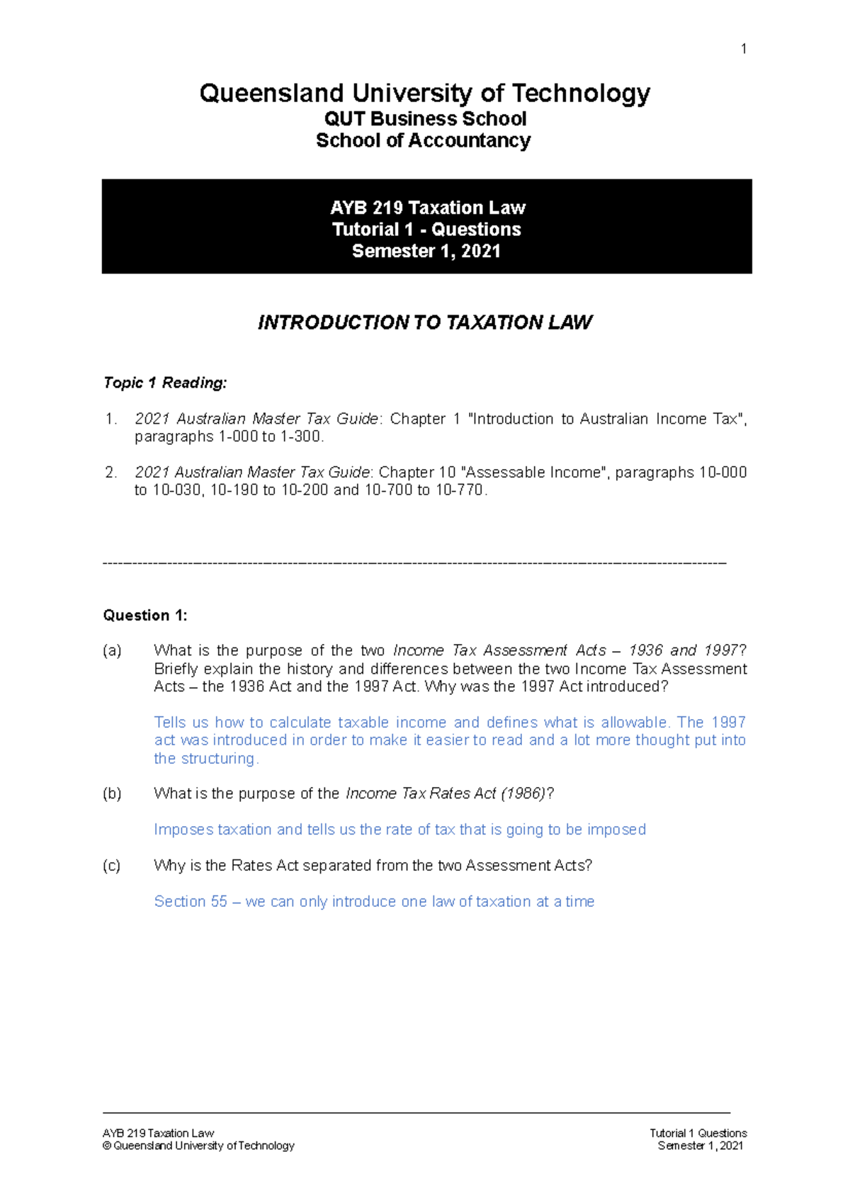 Taxation Law Tutorial 1 Questions - Studocu