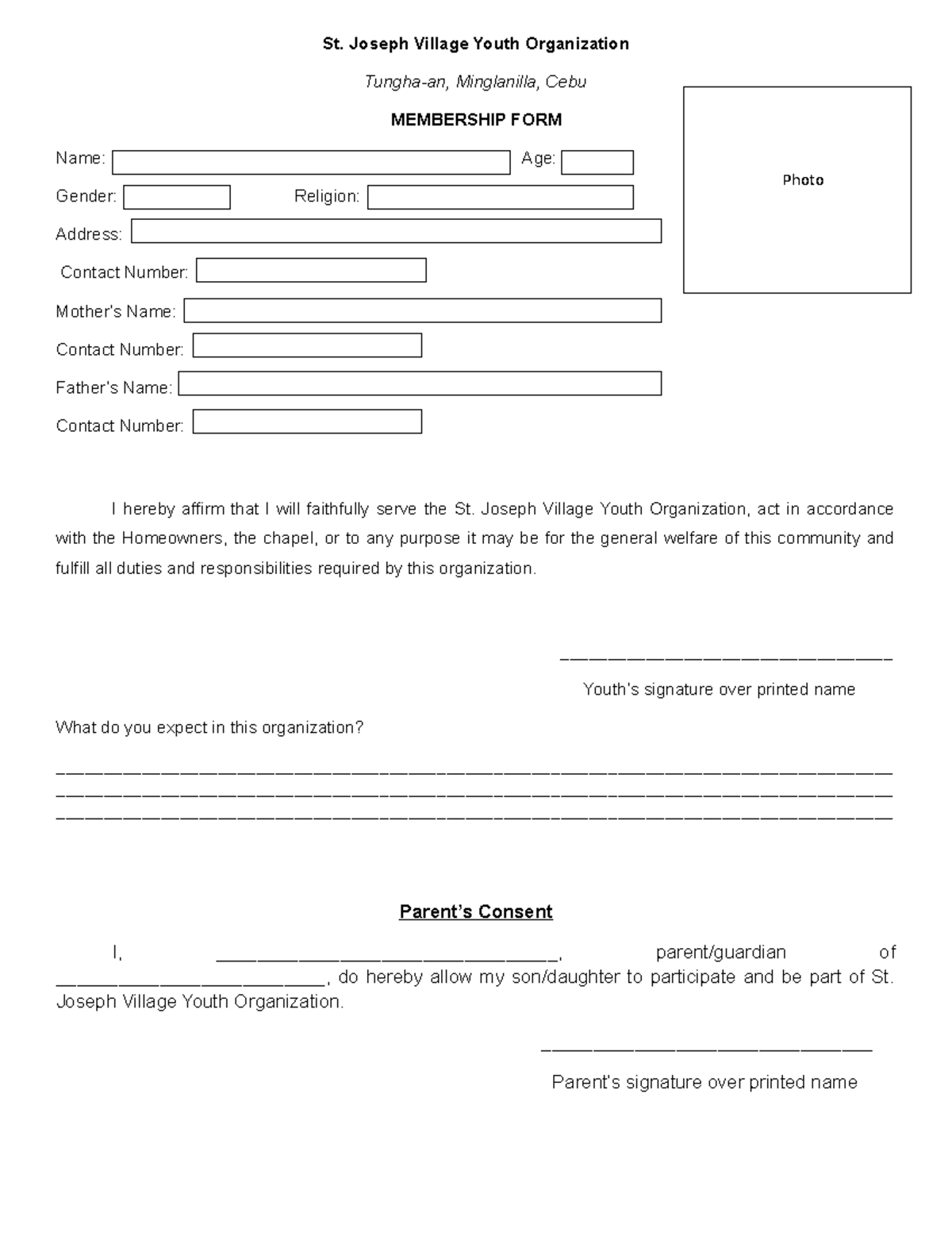 Membership FORM - other - St. Joseph Village Youth Organization Tungha ...