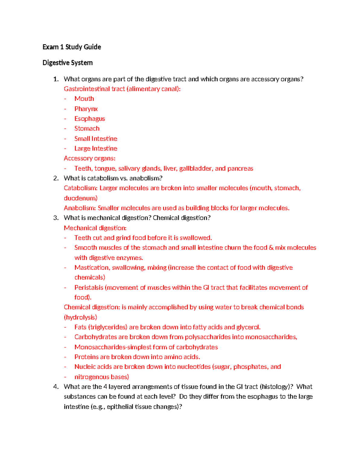 Lecture Exam 1 Study Guide - Exam 1 Study Guide Digestive System 1 ...