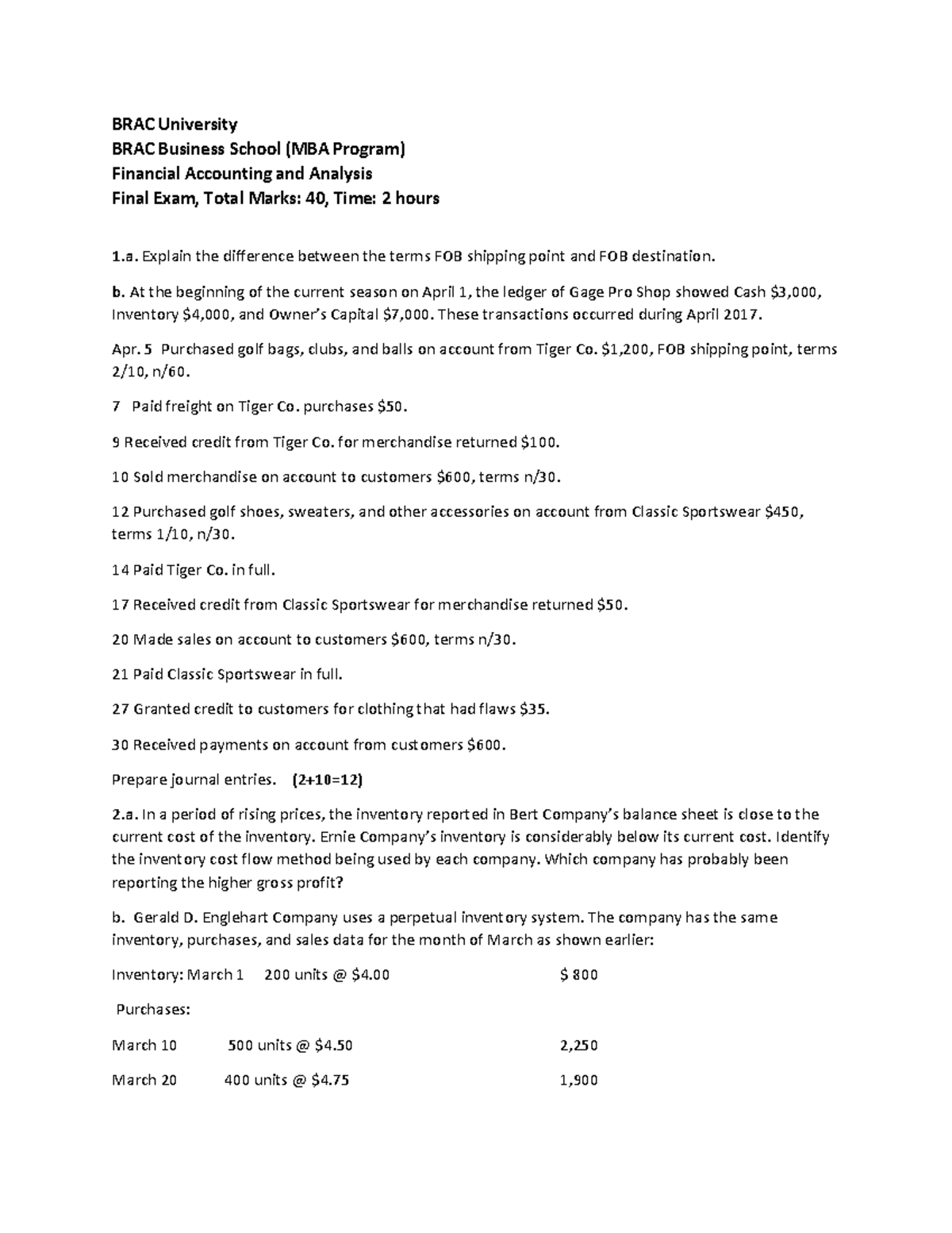 Practice questions bank - BRAC University BRAC Business School (MBA ...