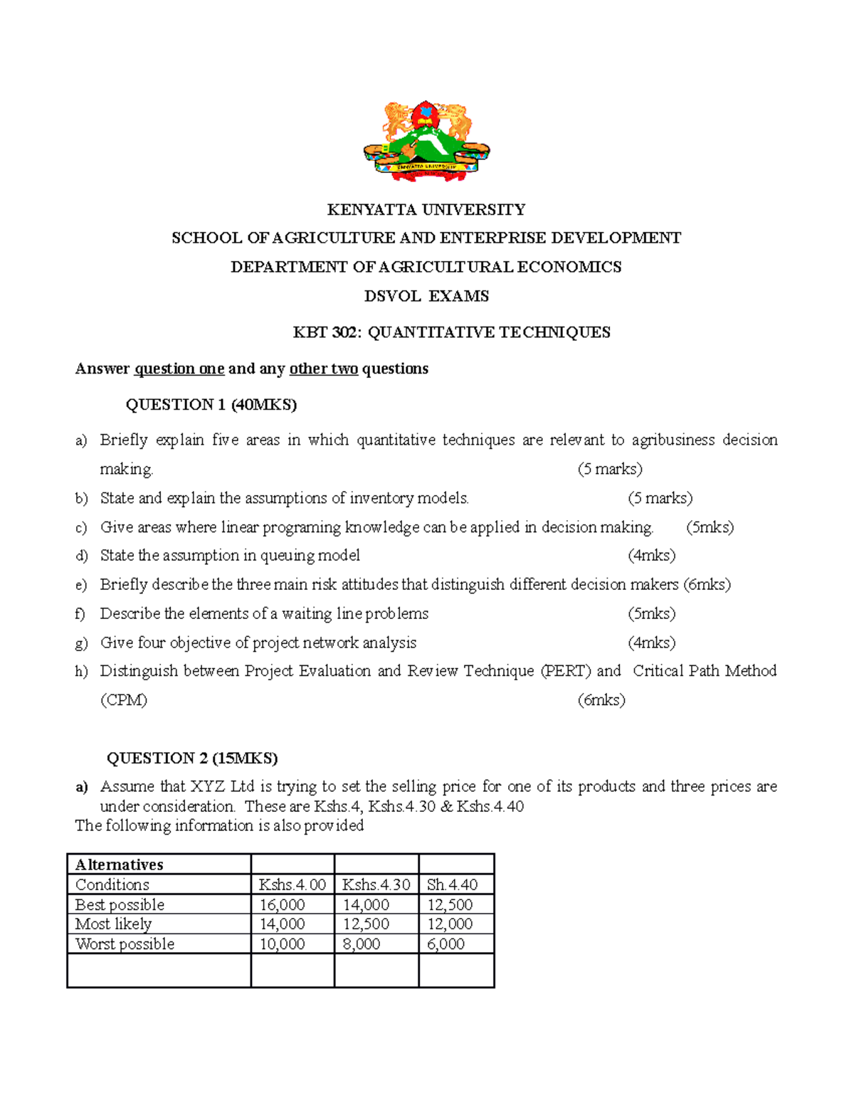 Sample Exam - reference material - KENYATTA UNIVERSITY SCHOOL OF ...