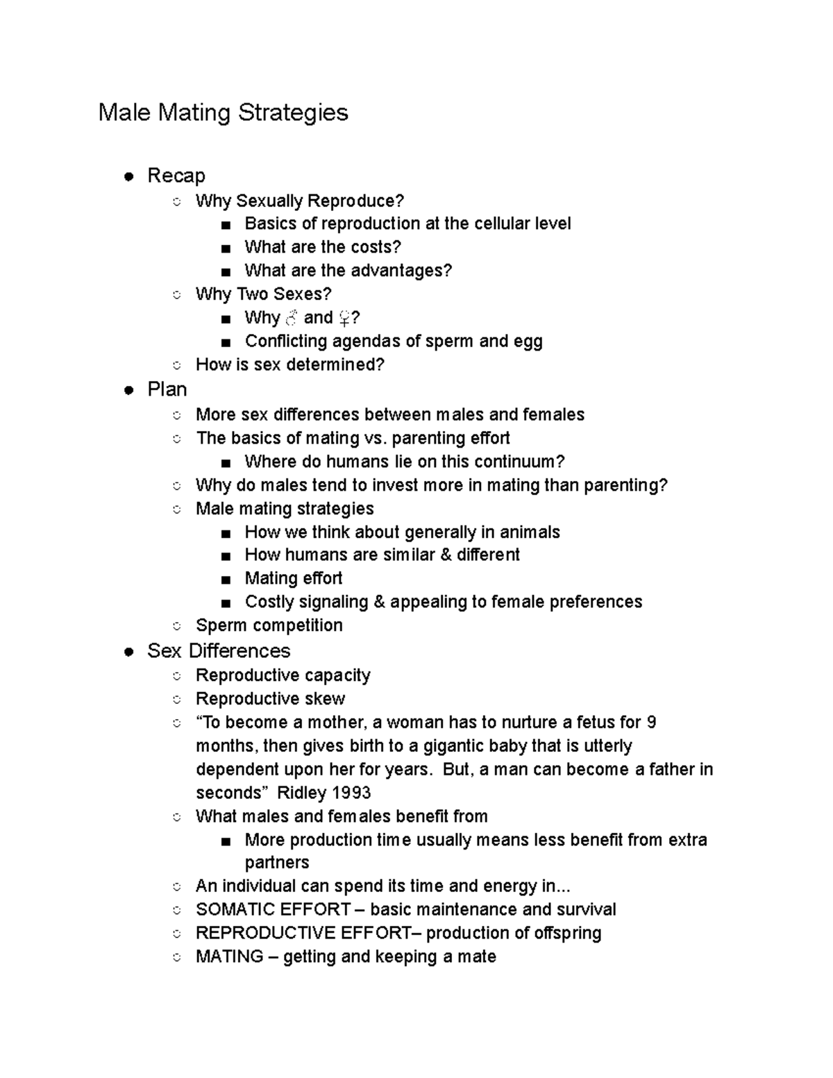 Evolution Human Nature Lecture Notes 10 - Male Mating Strategies Recap ...