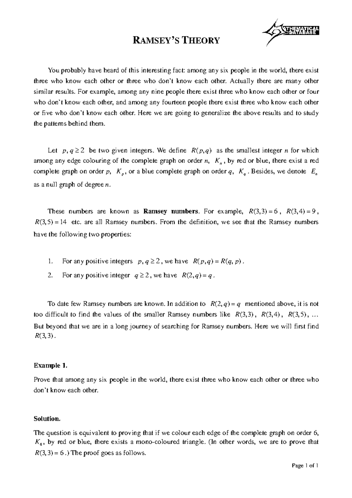 Ramsey Theory - MDB - RAMSEY’S THEORY You probably have heard of this interesting fact: among ...