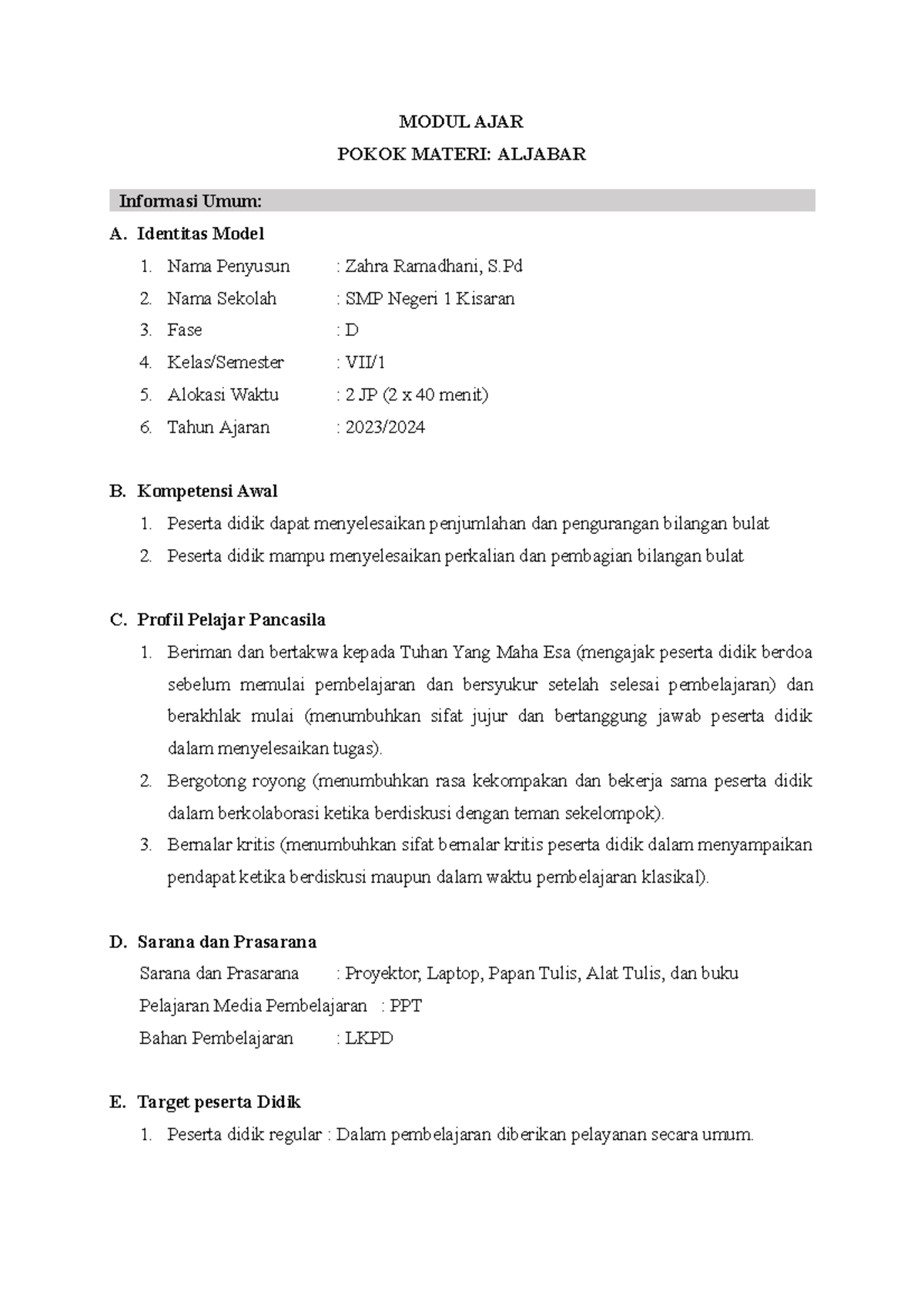 Modul Ajar - MODUL AJAR POKOK MATERI: ALJABAR Informasi Umum: A ...