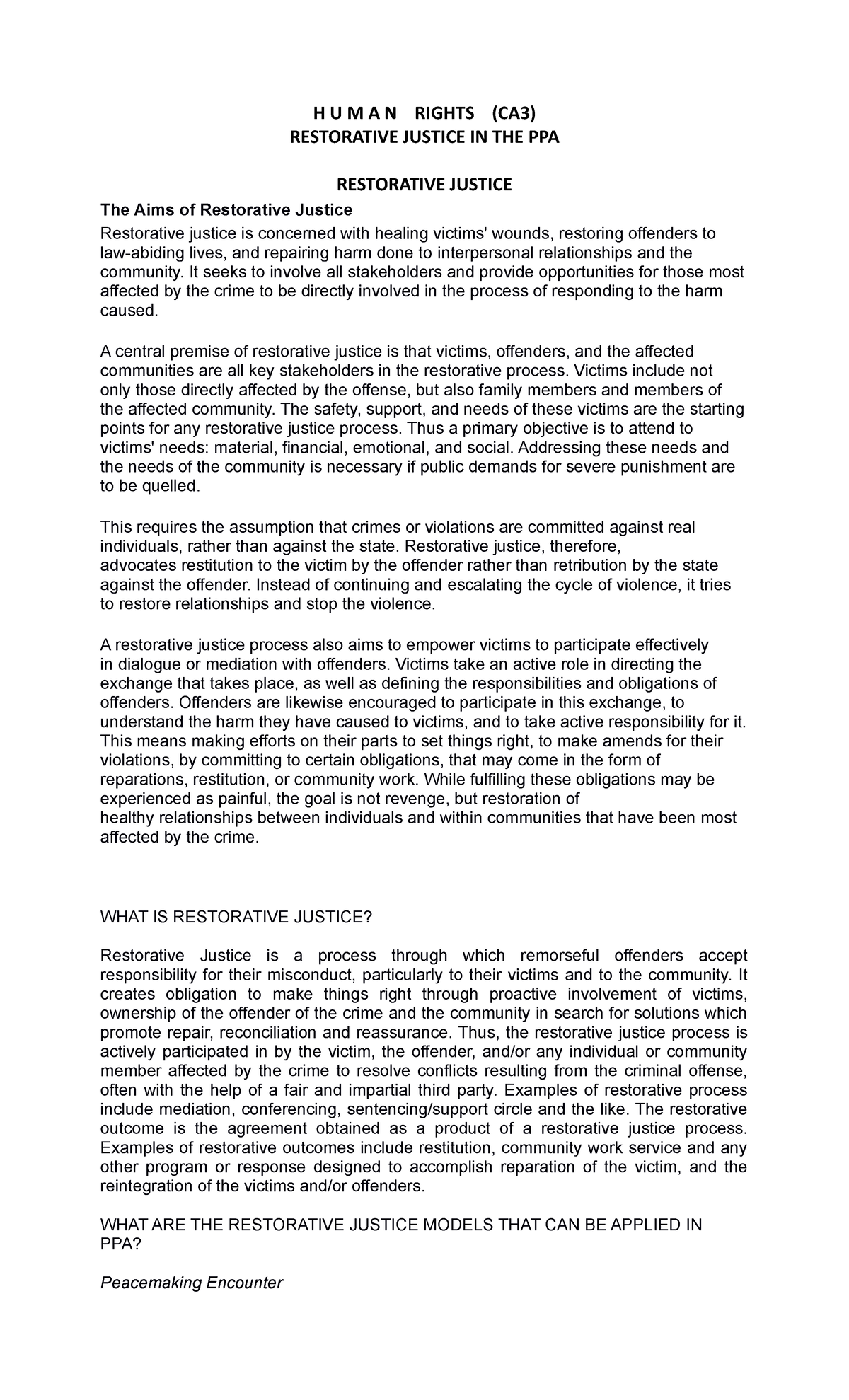 RJ CA3 - Restorative Justice notes - H U M A N RIGHTS (CA3) RESTORATIVE ...