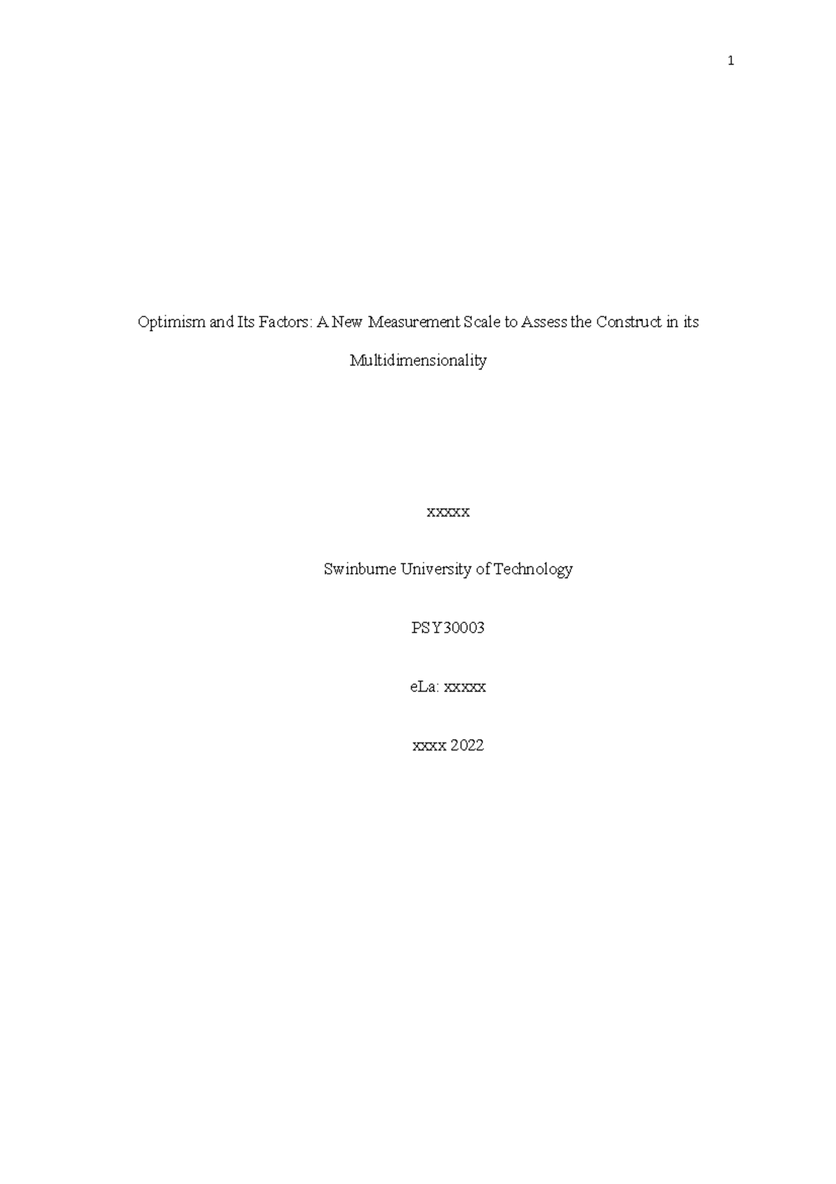 PSY30003 Assignment 1C - Introduction - Optimism and Its Factors: A New Measurement Scale to ...