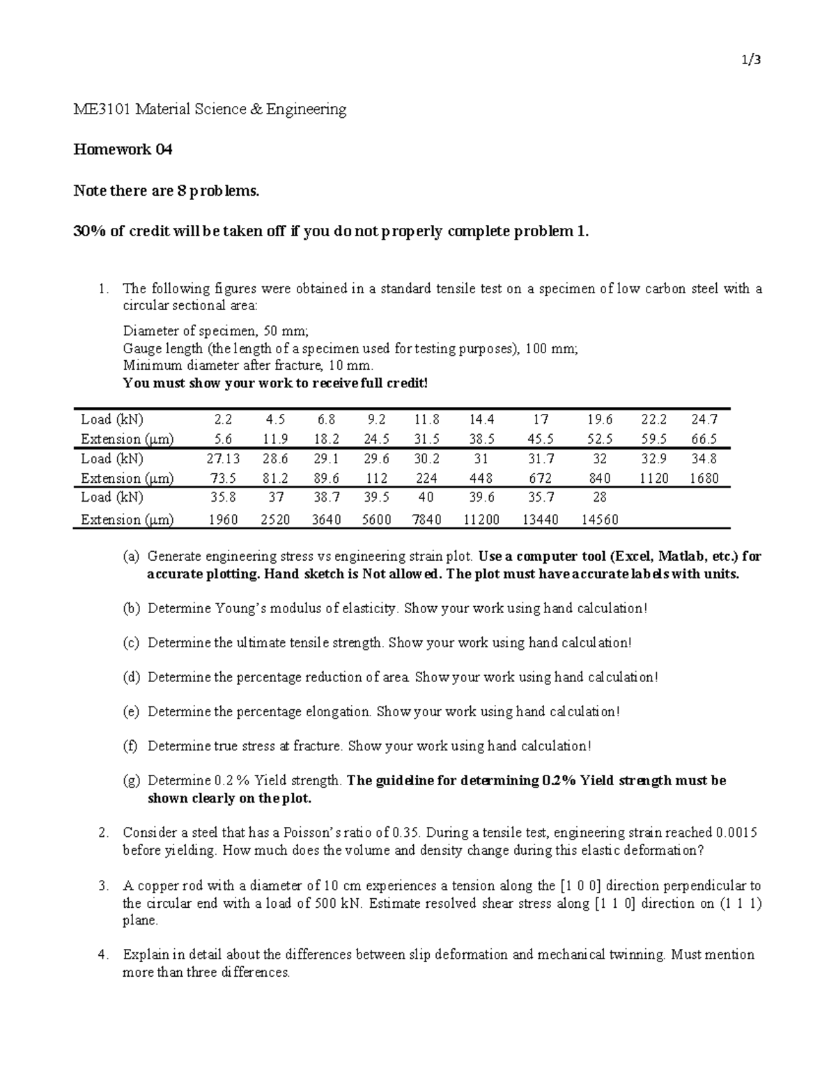 ME3101 HW 04 - HW 4 Worksheet - 1/ ME3101 Material Science & Engineering Homework 04 Note there ...