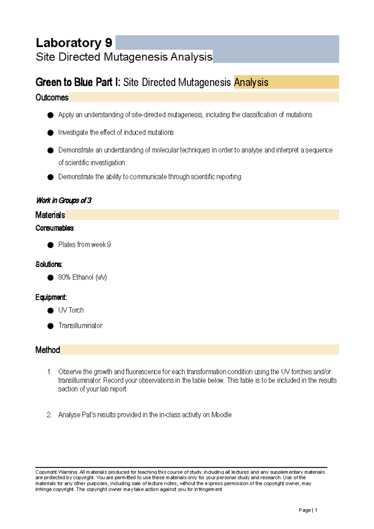 Laboratory 9 Protocol BMS1062 2023 - Laboratory 9 Site Directed Mutagenesis Analysis Green to ...