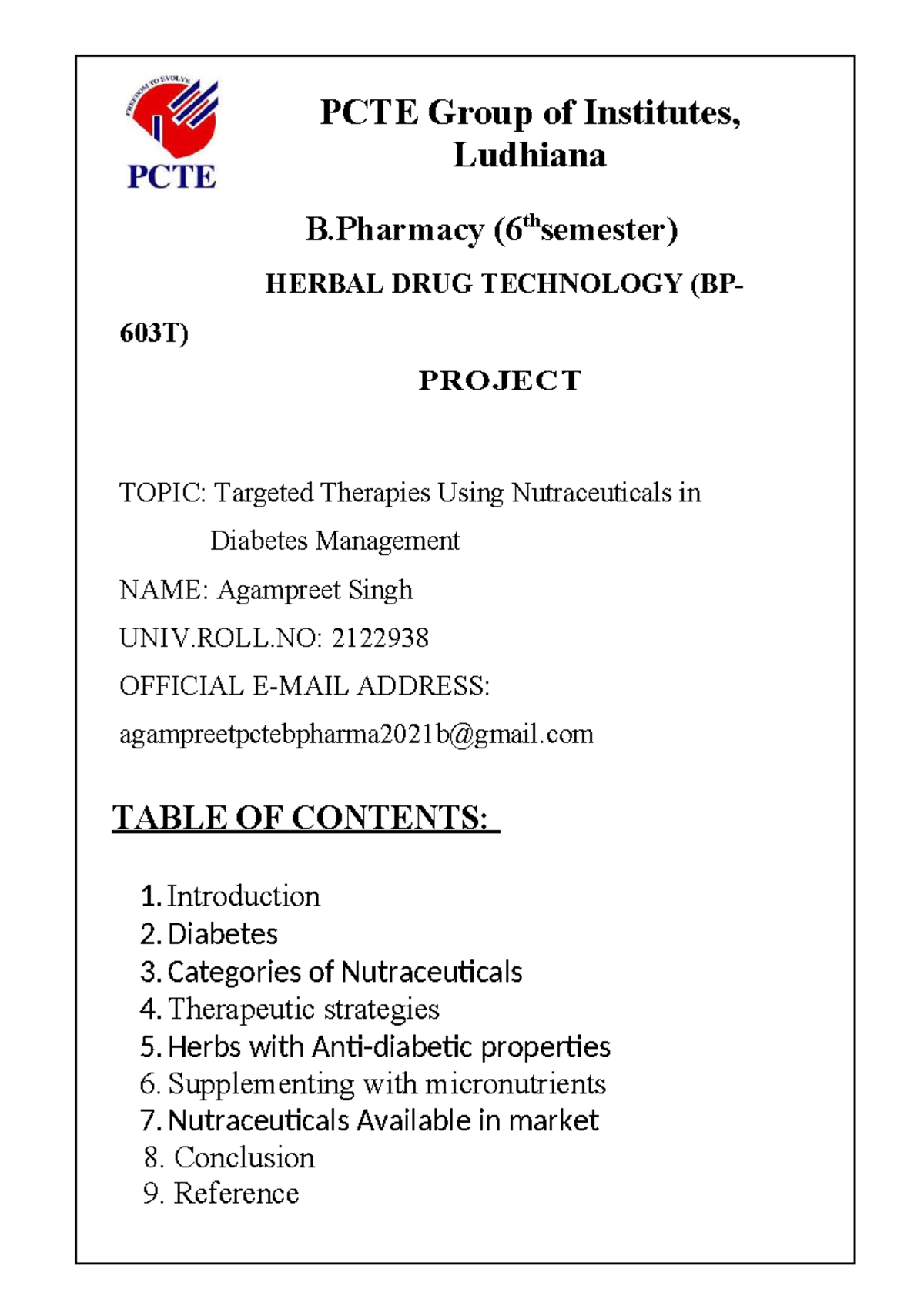 Agampreet HDT project - Herbal drug technology - PCTE Group of ...