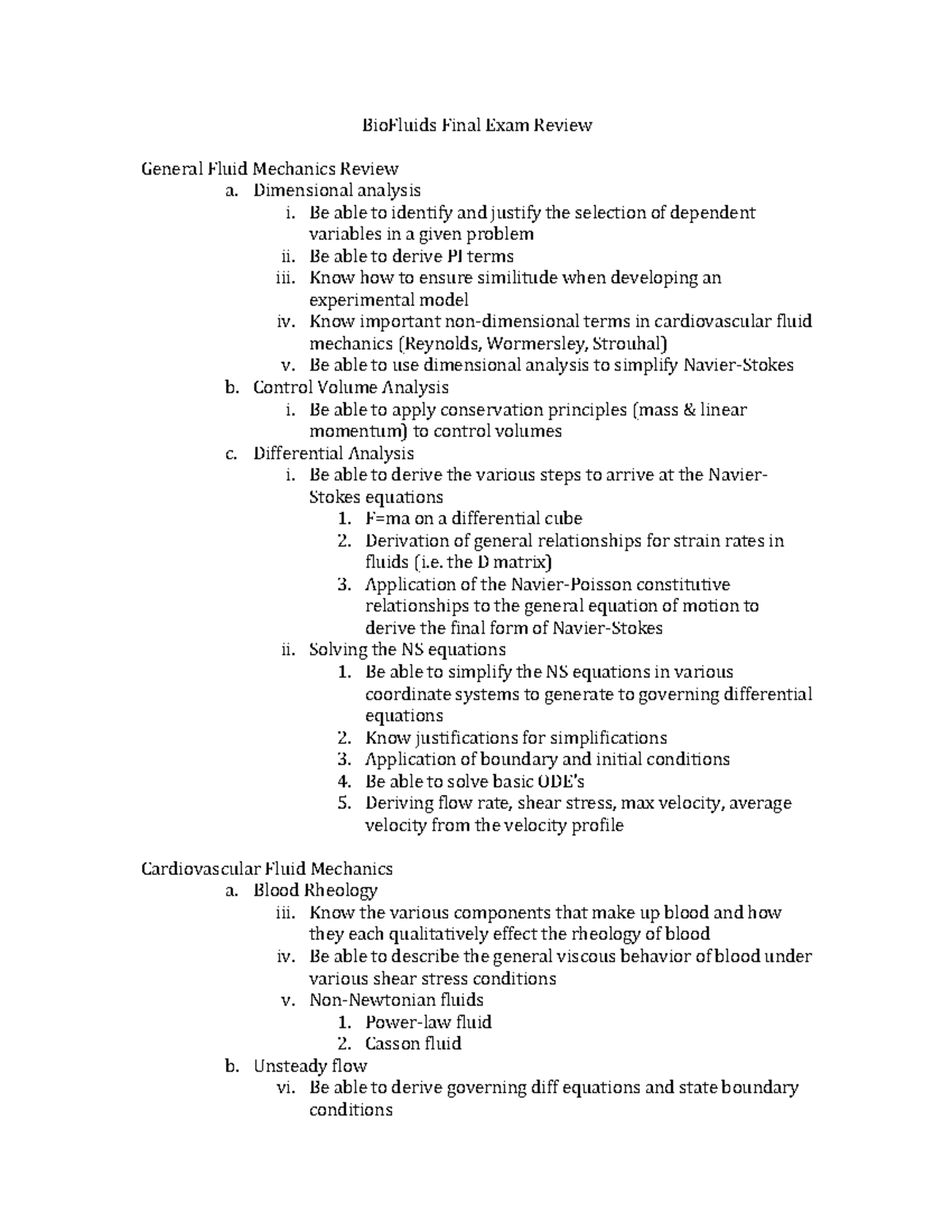 Biofluids Final Exam Review - Bio Fluids Final Exam Review General ...