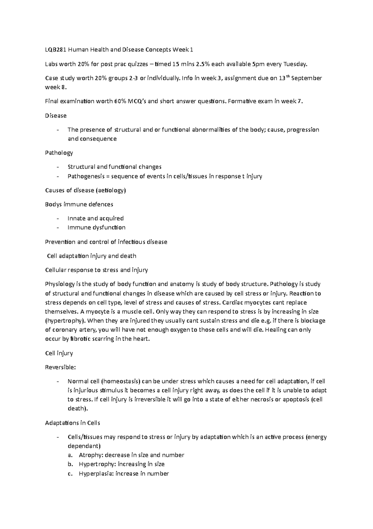 week 1 lecture notes - LQB281 Human Health and Disease Concepts Week 1 ...