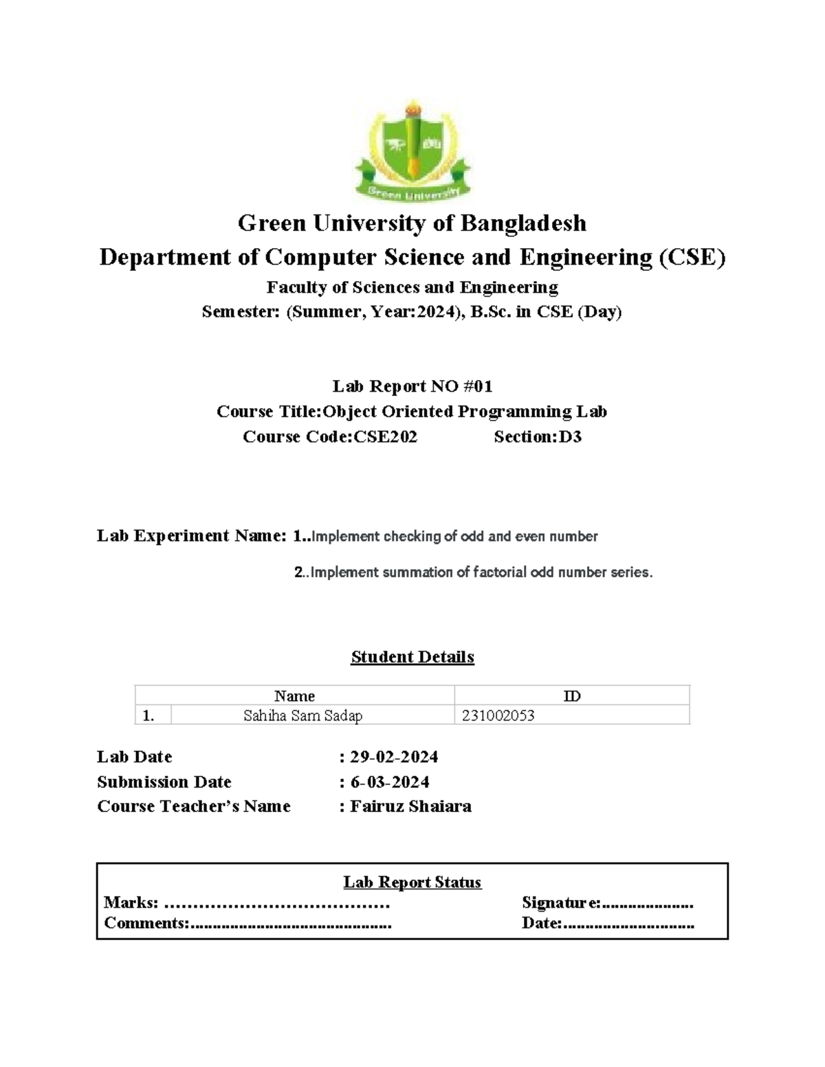 Lab Report Template - Green University of Bangladesh Department of Computer Science and ...