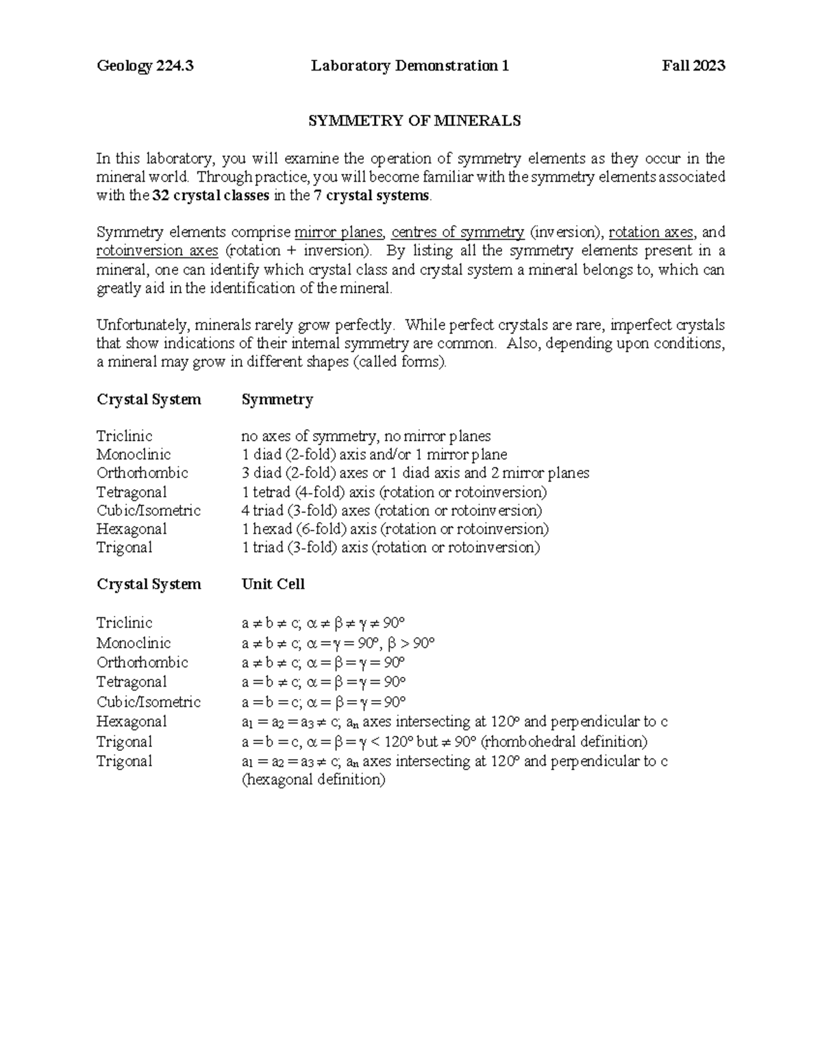 Geol 224 Lab 1 2023 - Miller indices - SYMMETRY OF MINERALS In this ...