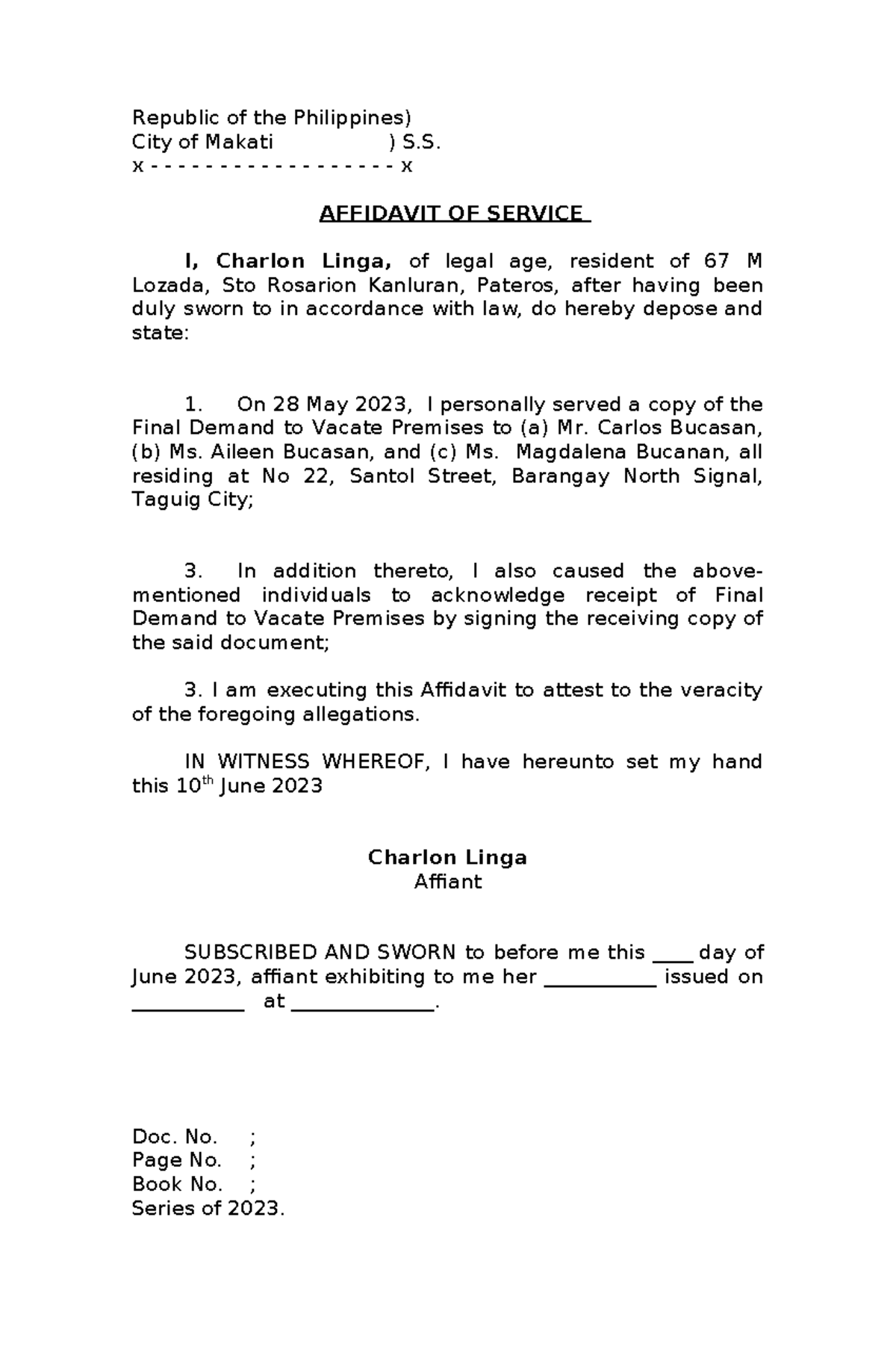 Affidavit of Service Annex G - Republic of the Philippines) City of ...