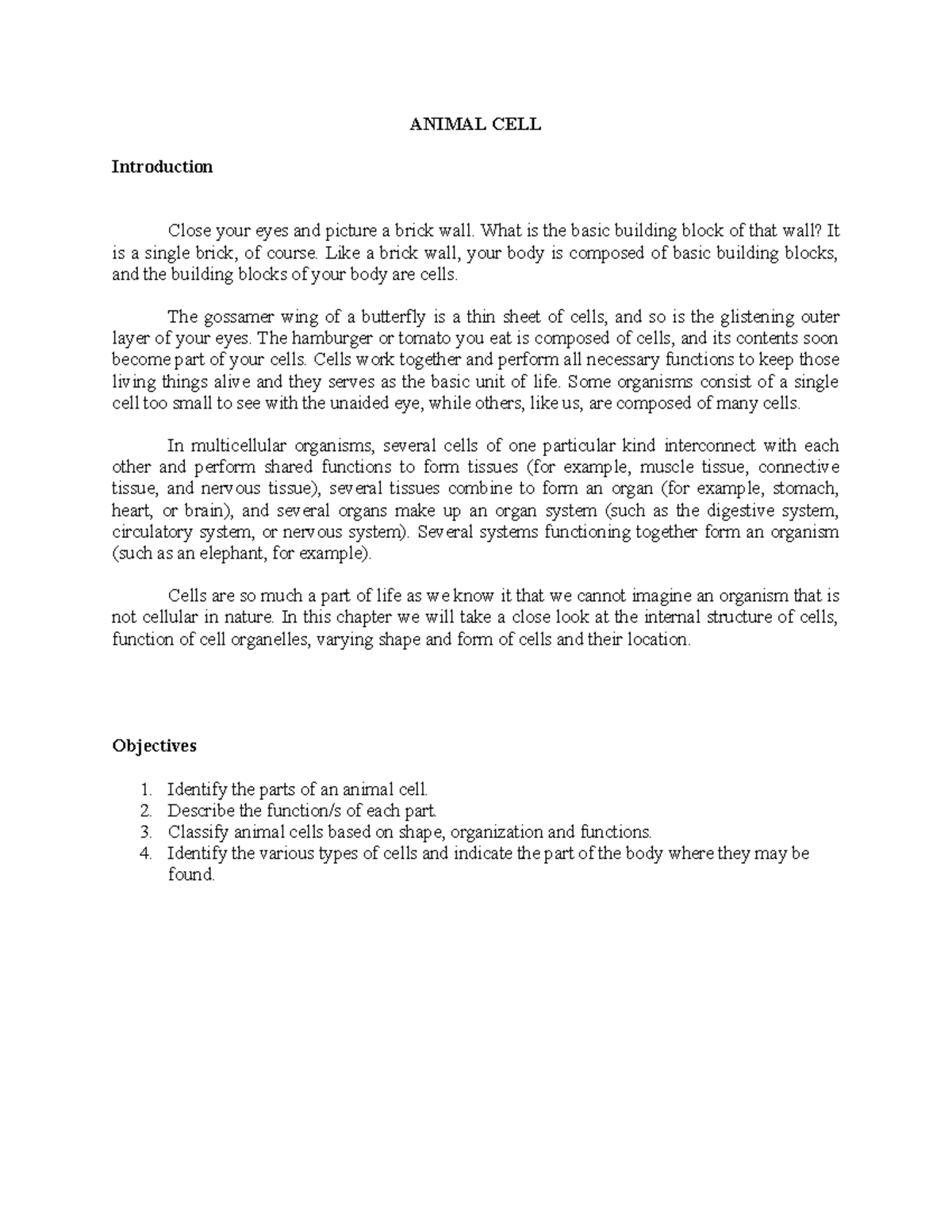 Animal CELL - ANIMAL CELL Introduction Close your eyes and picture a ...