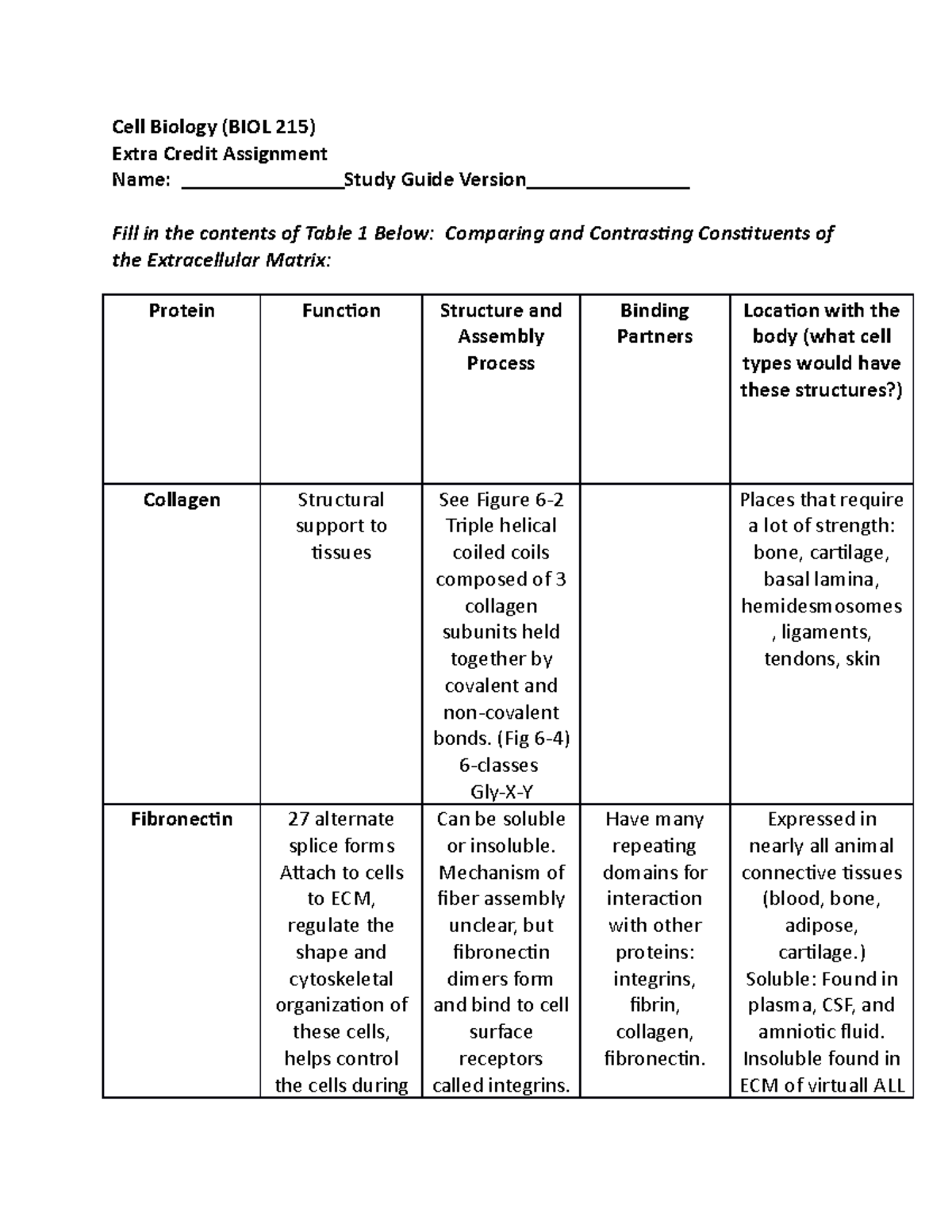 Cell Biology (BIOL 215) Filled-In Extra Credit Assignment - Cell ...