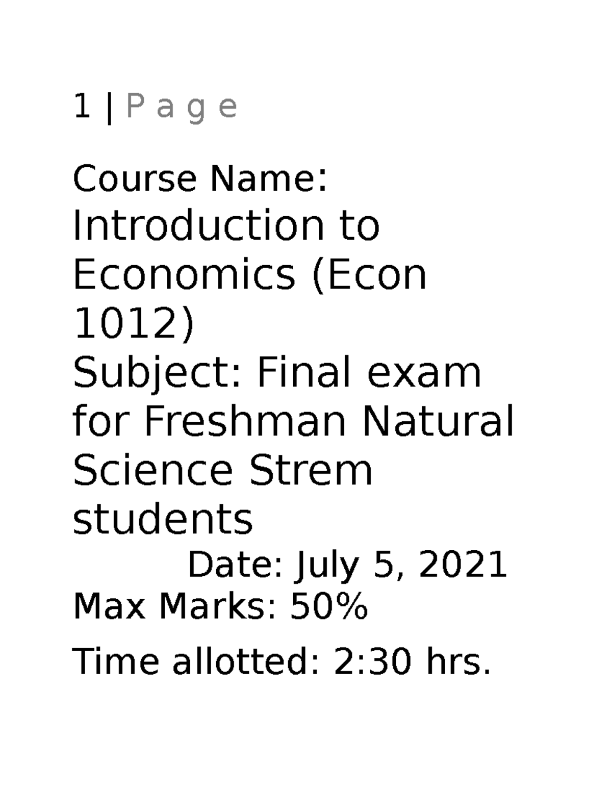 Eco Exam - economics module - 1 | P a g e Course Name: Introduction to ...