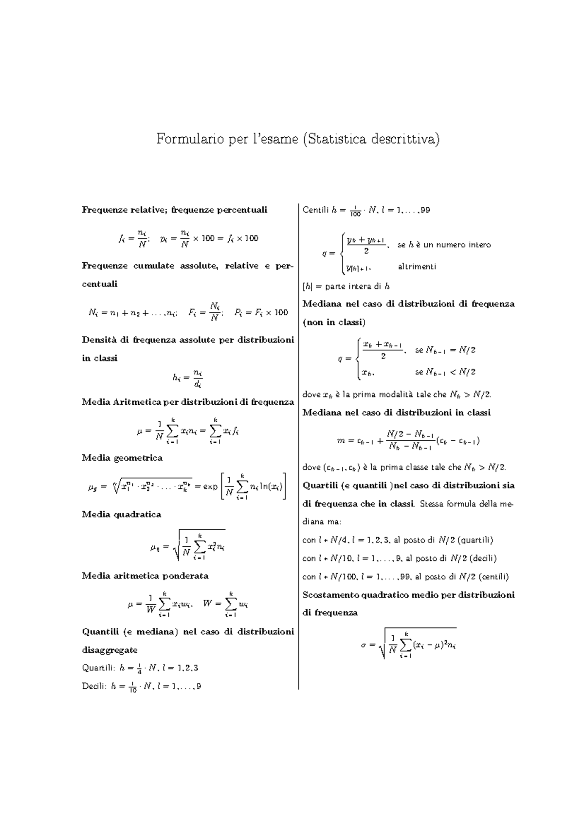 Formulario descrittiva - Formulario per l’esame (Statistica descrittiva ...