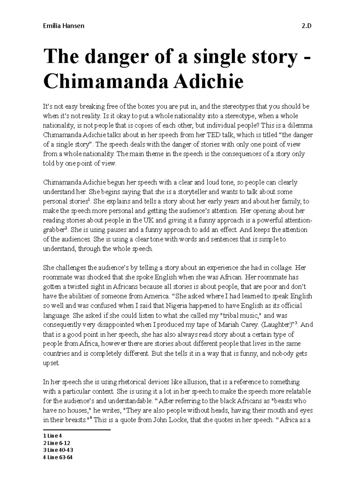 Essay Chimamanda’s speech - Emilia Hansen 2 The danger of a single ...