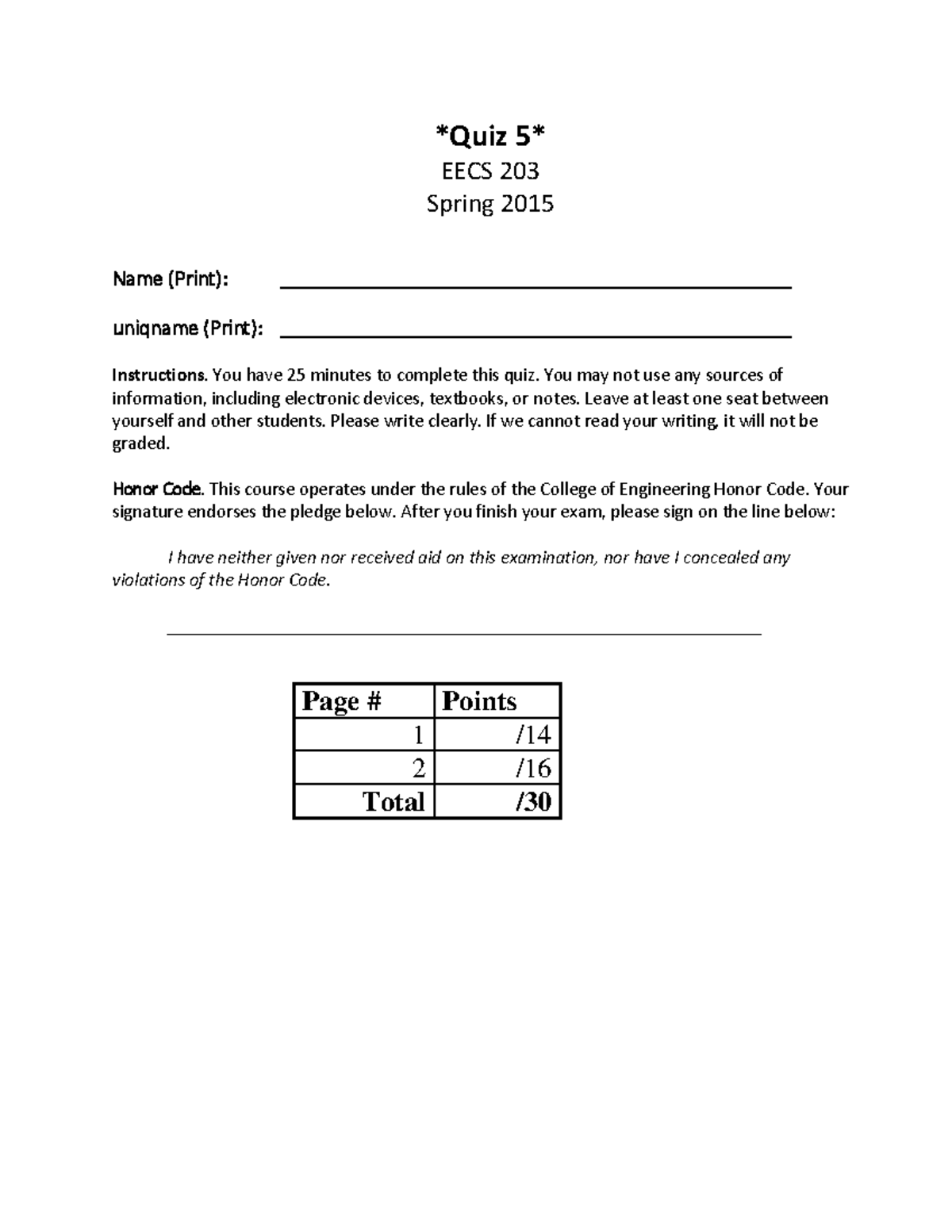 Quiz5sol - Quiz 5 EECS 203 Spring 2015 Name (Print): - Studocu