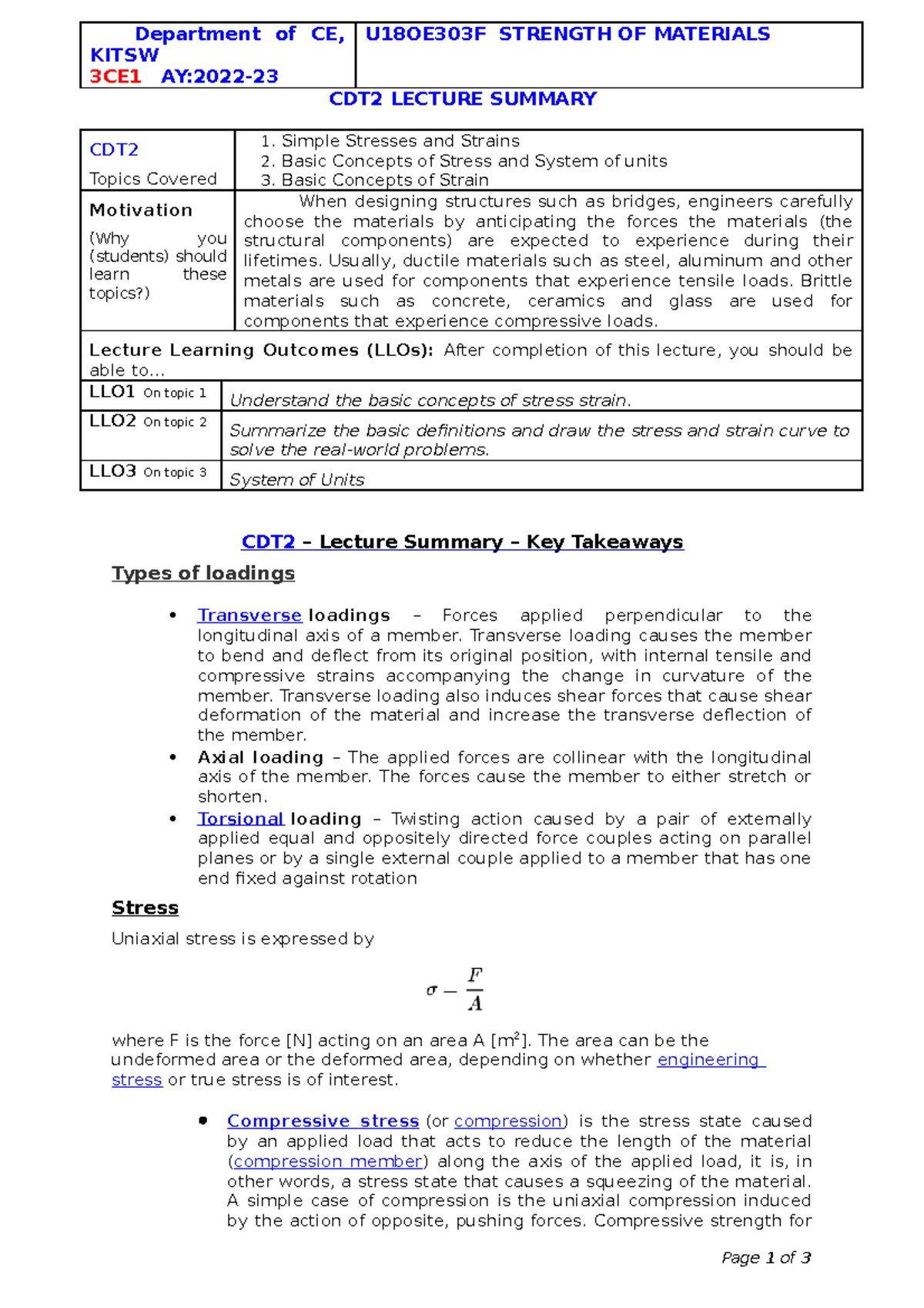 SOM 2 2022-23 - Notes for SOM - Department of CE, KITSW 3CE1 AY:2022 ...