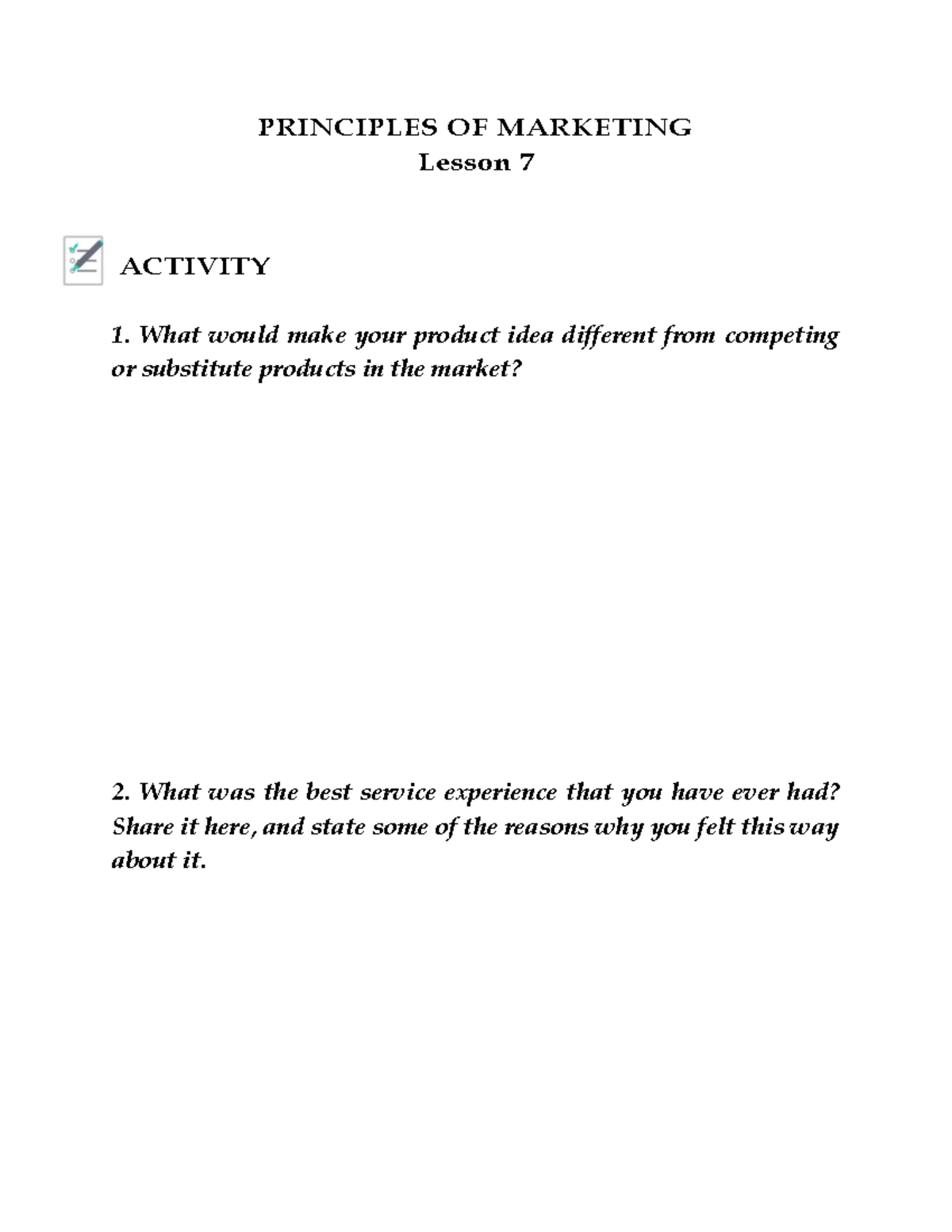 Activityin Marketing - lesson 7 - PRINCIPLES OF MARKETING Lesson 7 ...