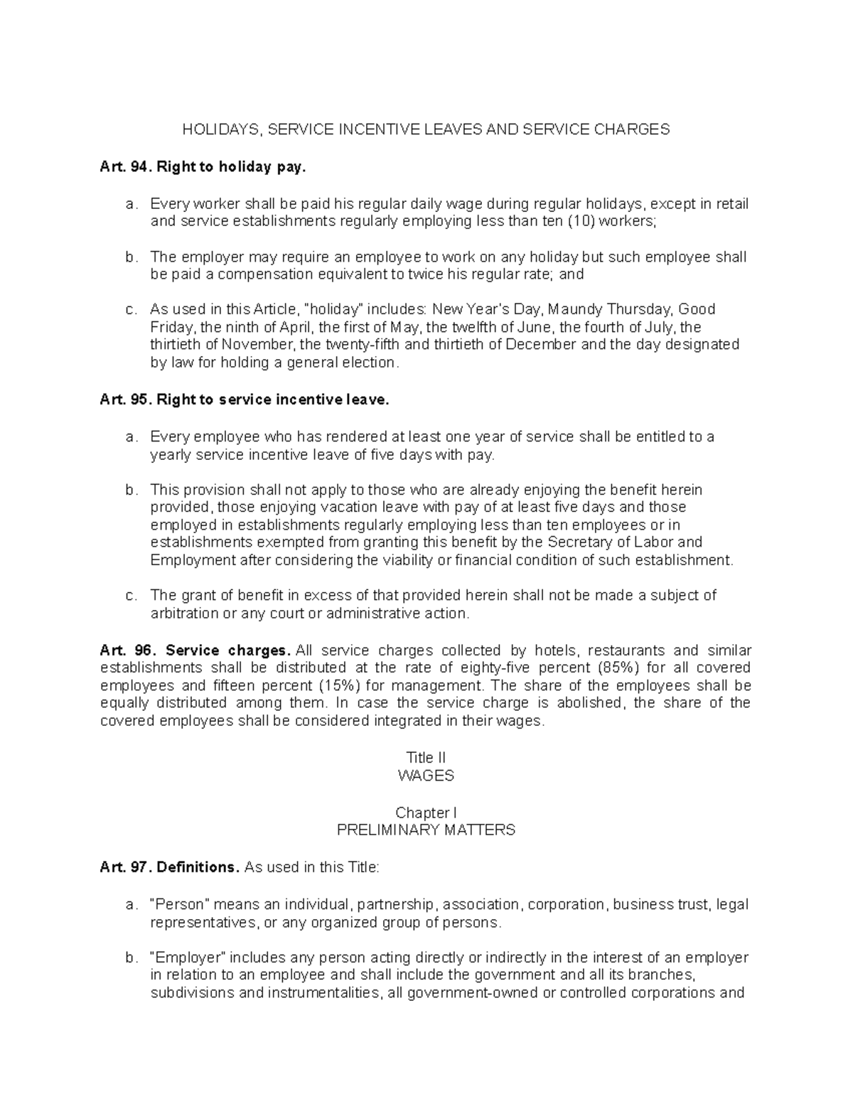 Law Related Studies - HOLIDAYS, SERVICE INCENTIVE LEAVES AND SERVICE ...