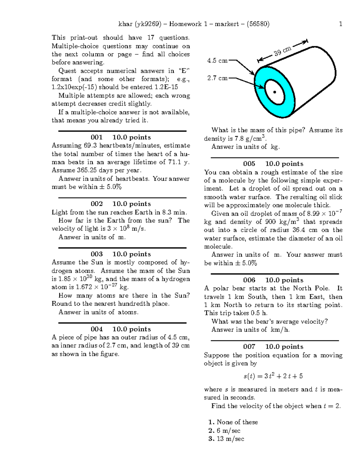PHY 301 HW #1-problems - 17 problem questions on Space, Time, Mass, and ...