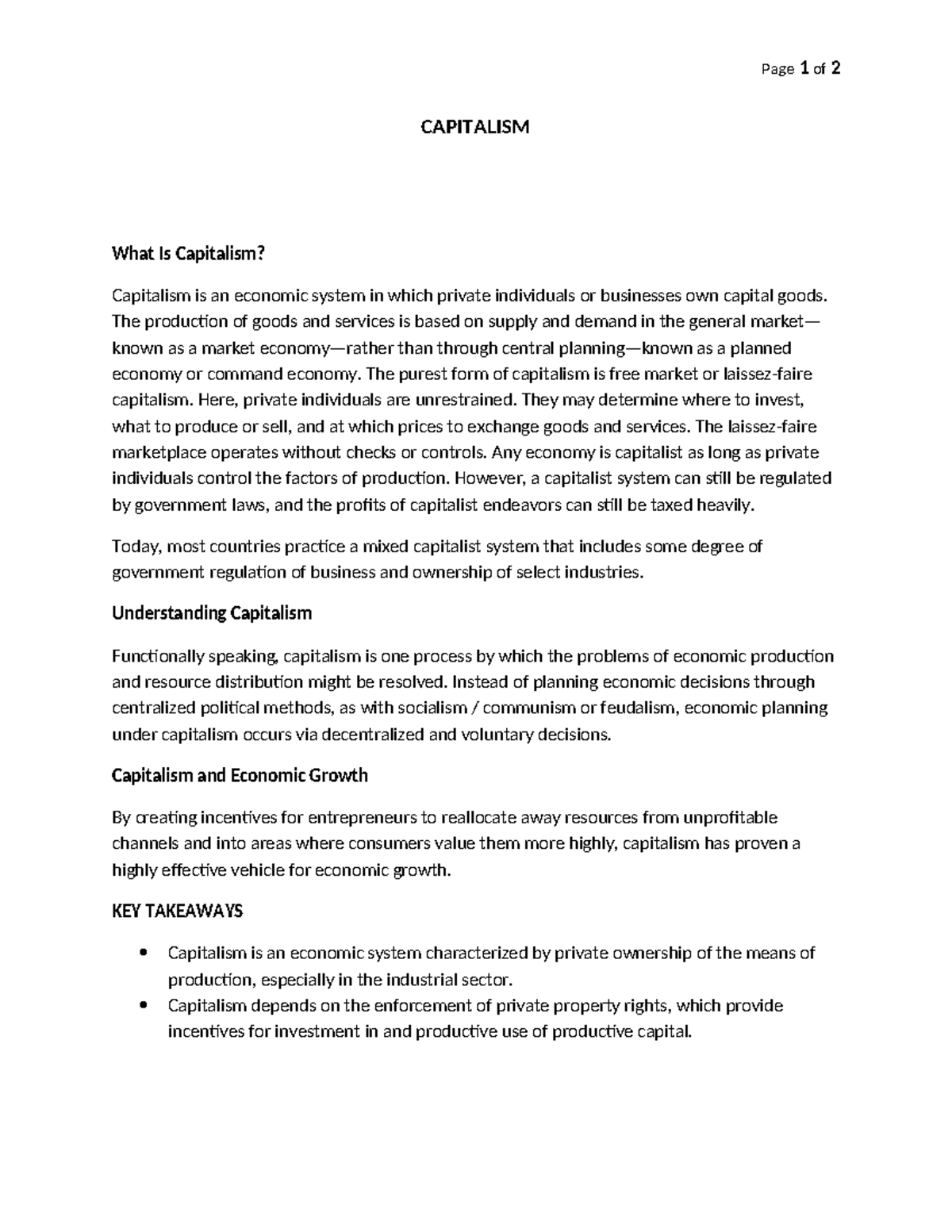 8 - Yes. - Page 1 of 2 CAPITALISM What Is Capitalism? Capitalism is an ...