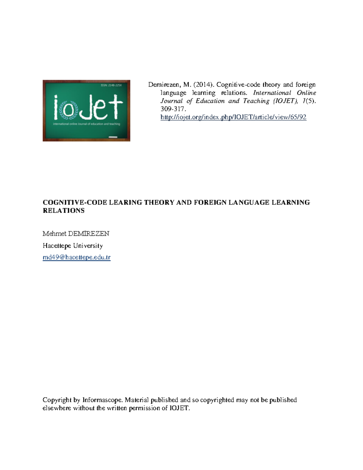 Cognitive CODE - Lectura - COGNITIVE-CODE LEARING THEORY AND FOREIGN ...