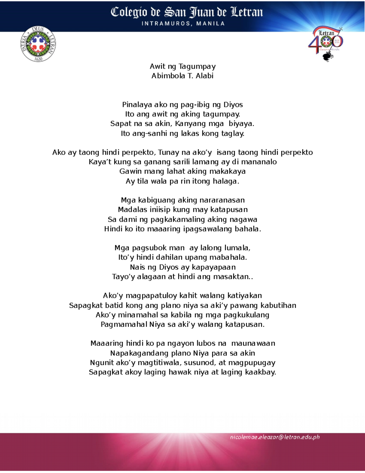 Revised Version of My Victory Song - nicolemae@letran.edu Awit ng ...