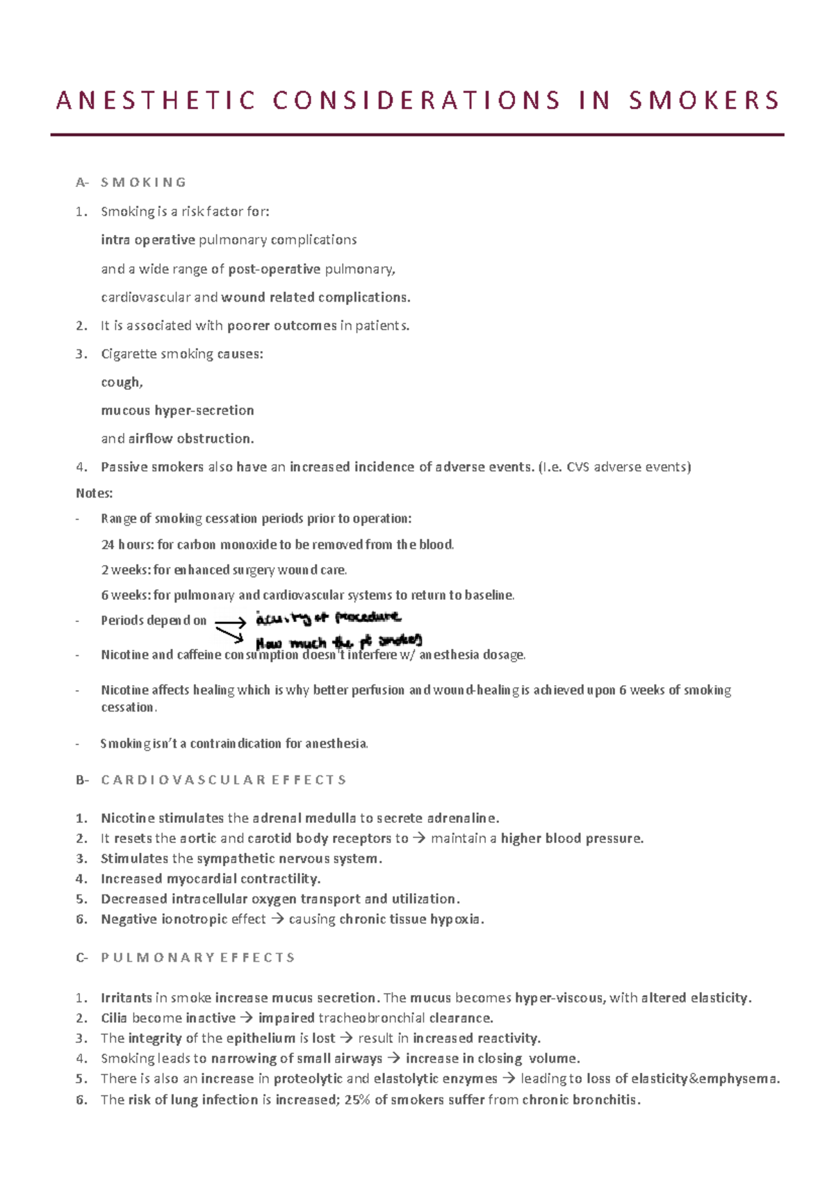 Anesthetic considerations in smoking summary - A N E S T H E T I C C O ...