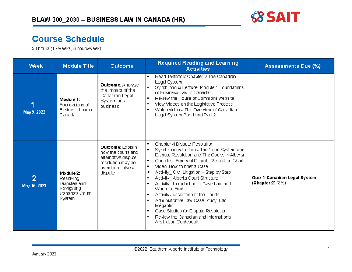 BLAW 300 Business Law Course Schedule - Course Schedule 90 hours (15 ...