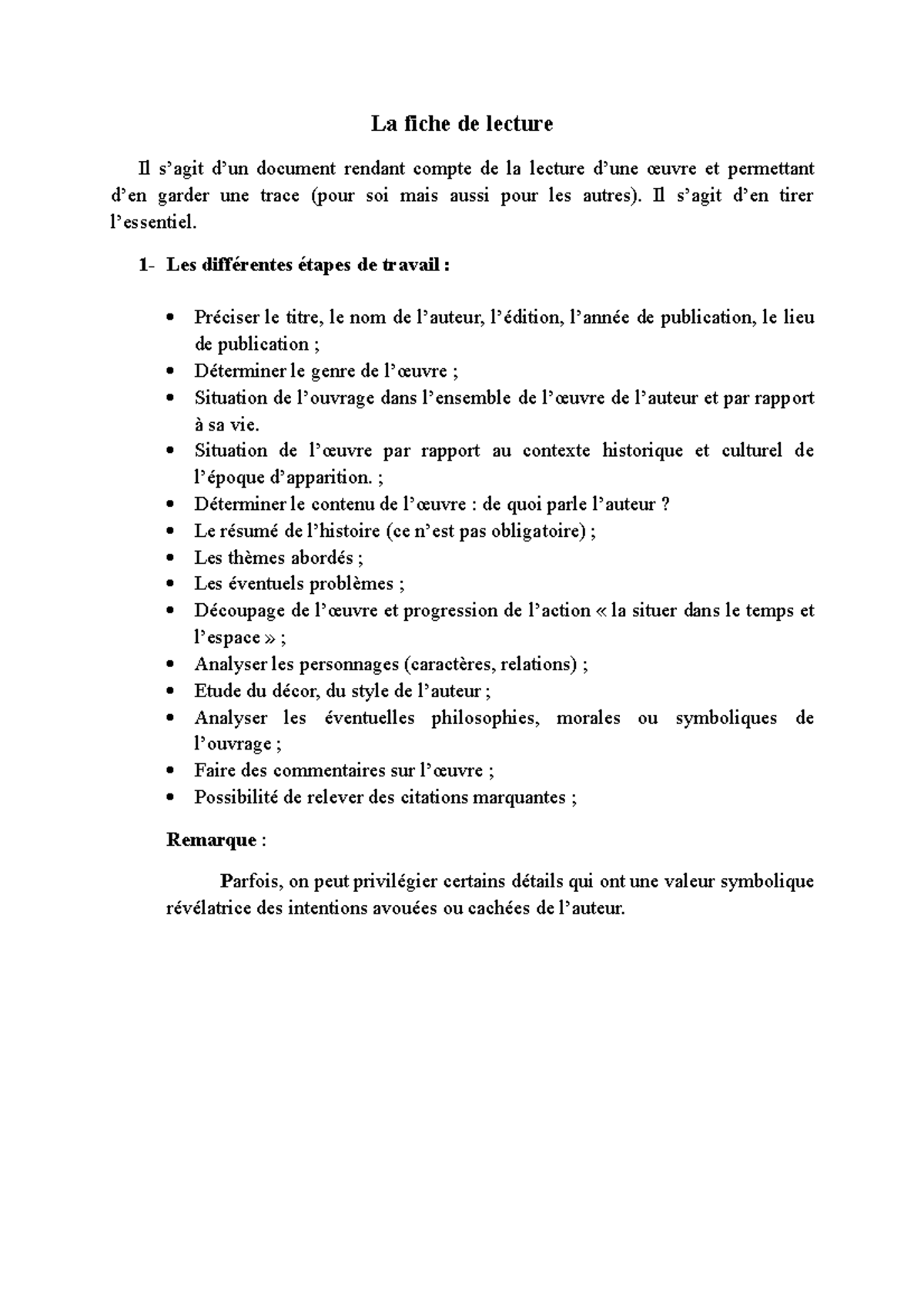 La fiche de lecture - Il s’agit d’en tirer l’essentiel. 1- Les ...