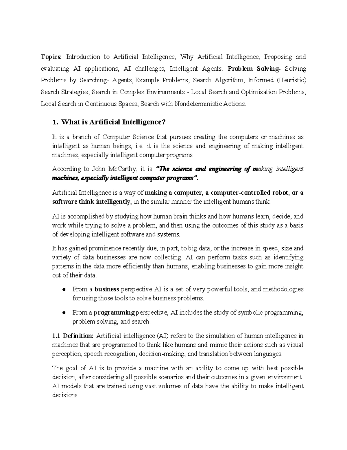 AIML UNIT-1 1 - Topics: Introduction to Artificial Intelligence, Why ...