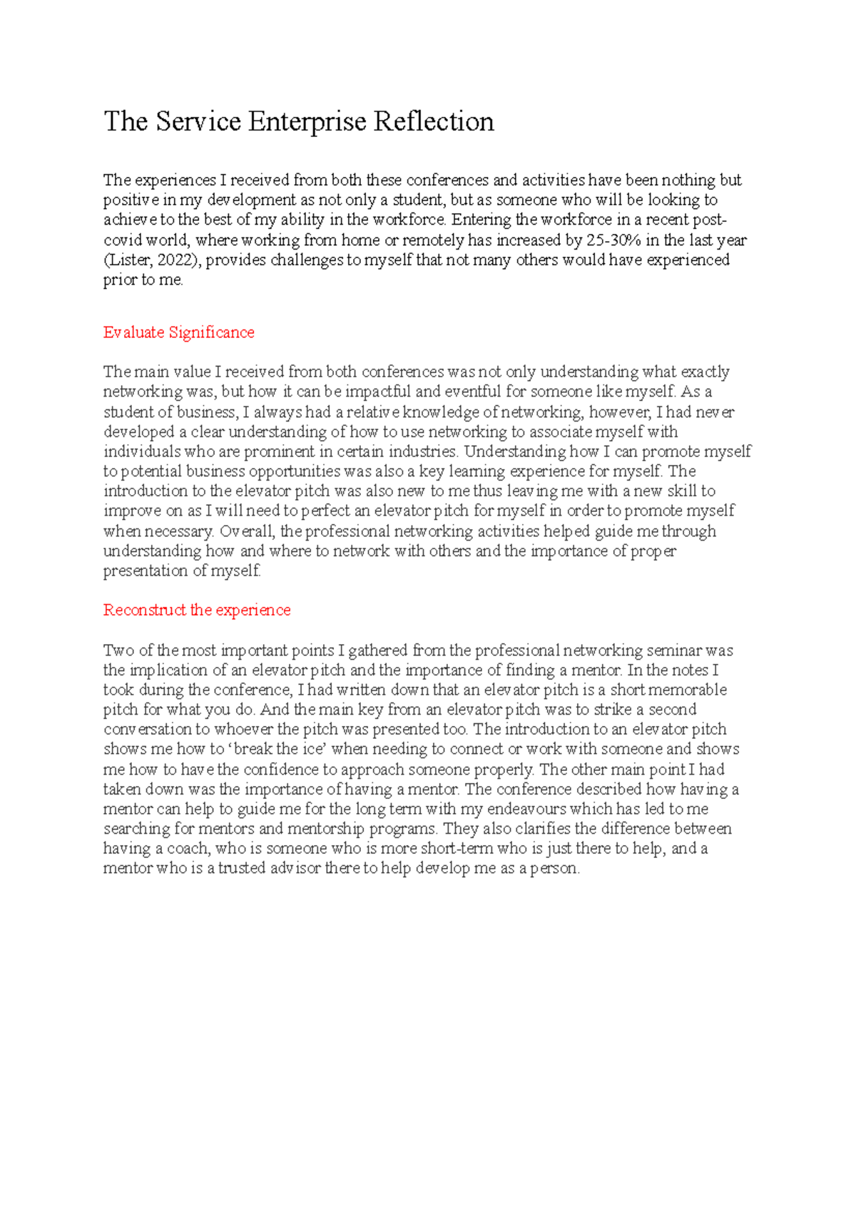 The Service Enterprise Reflection - Entering the workforce in a recent ...