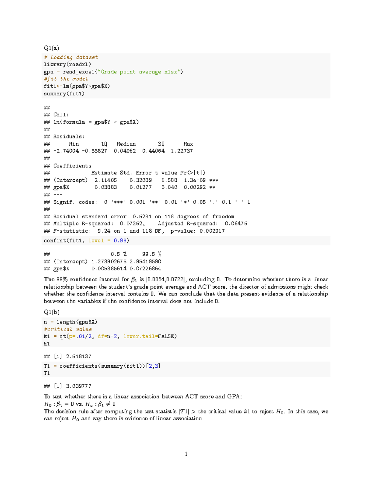 Assignment 4 Solutions - Q1(a) Loading dataset library(readxl) gpa = read_excel("Grade point ...