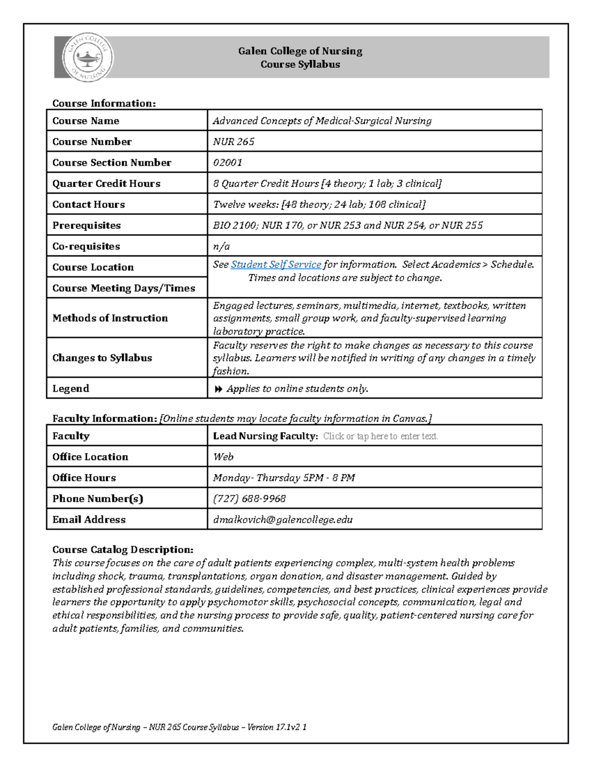 NUR 265 Syllabus July 2022 Malkovich - Galen College of Nursing Course ...