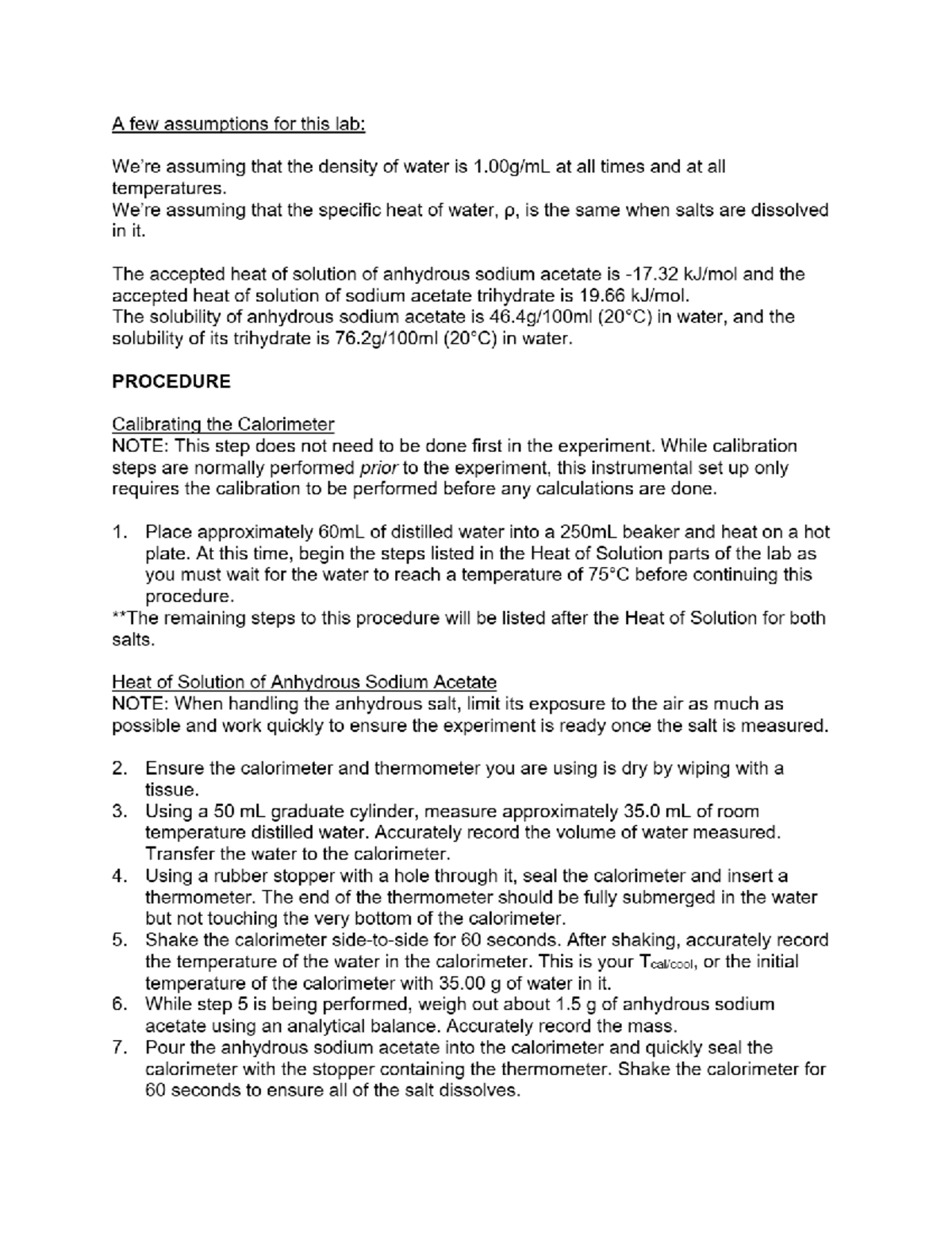 Lab Manual - Calorimetry - Merge CHEM1101 L1 L2 L3 L4 Chemistry for ...